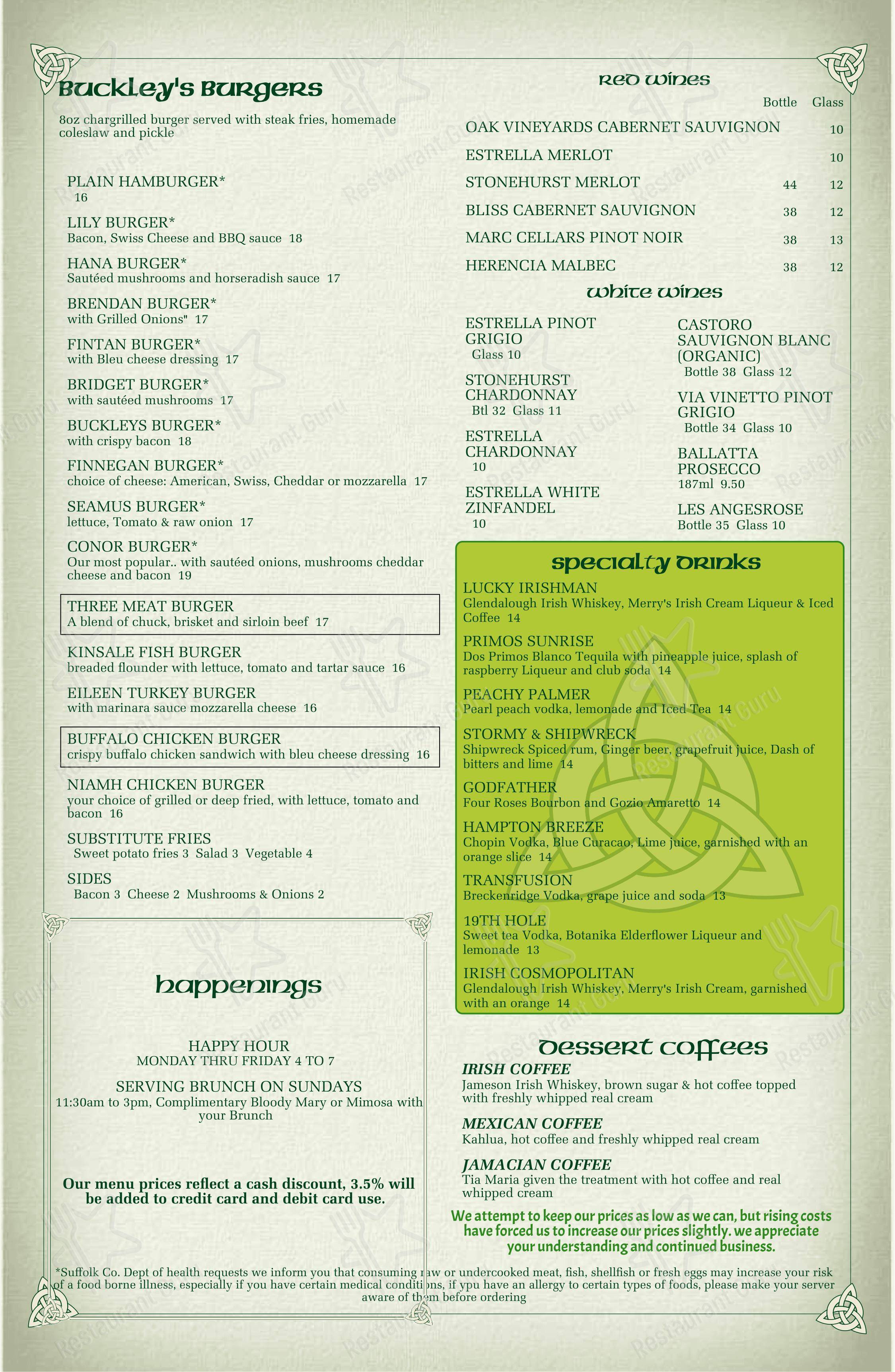 Menu at Buckleys Inn Between pub & bar, Hampton Bays