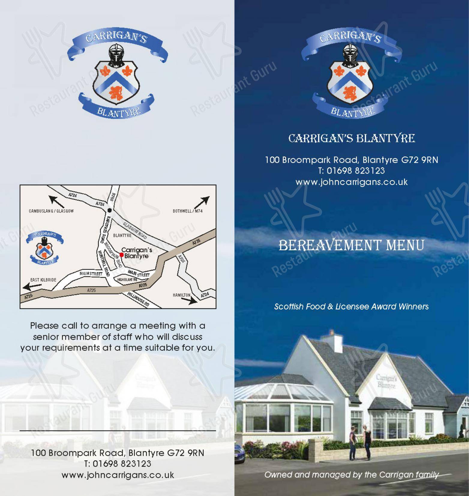 Menu at Carrigan's Blantyre restaurant, Glasgow