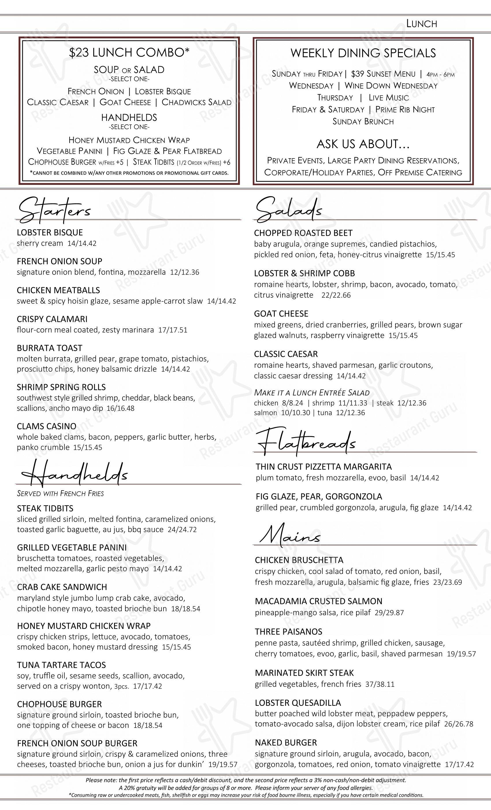 Menu at Chadwick's American Table & Cocktails steakhouse, Rockville Centre