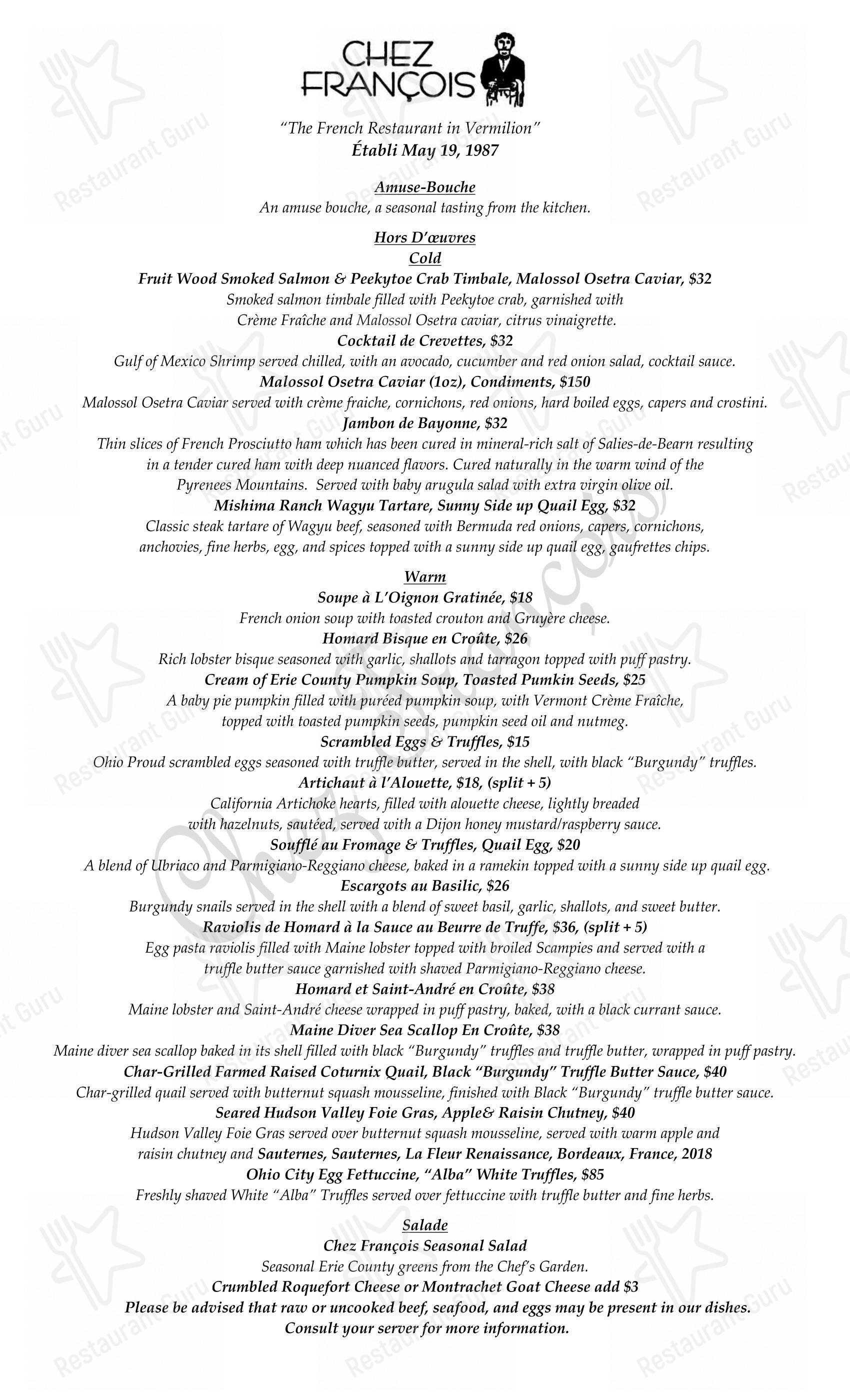 Menu at Chez Francois Restaurant & Touche Bistro, Vermilion