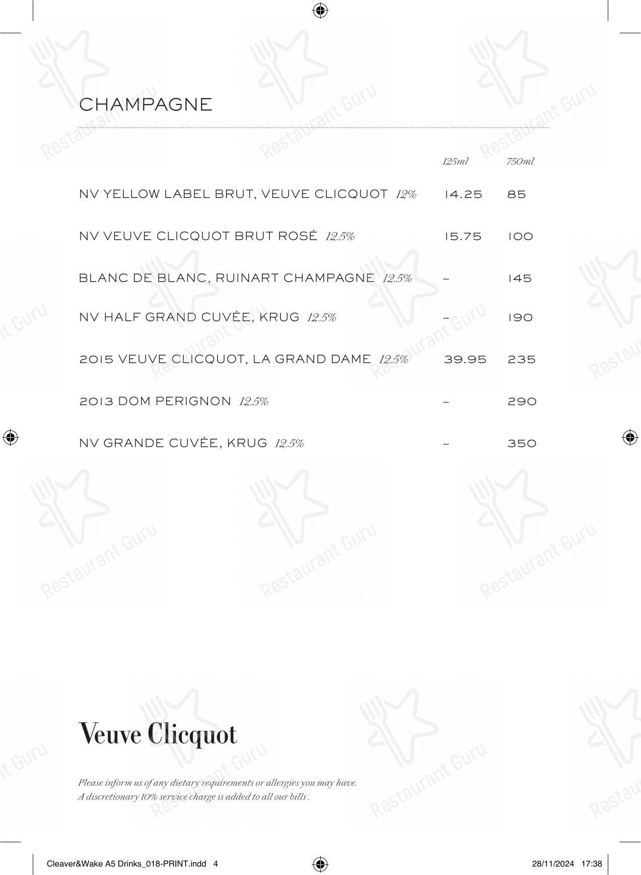 Menu at Cleaver & Wake restaurant, Nottingham