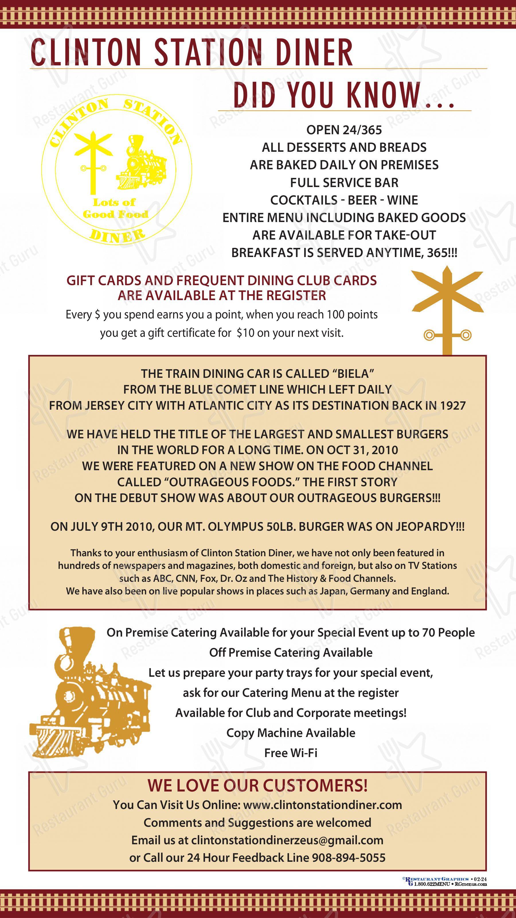 Menu at Clinton Station Diner restaurant, Clinton