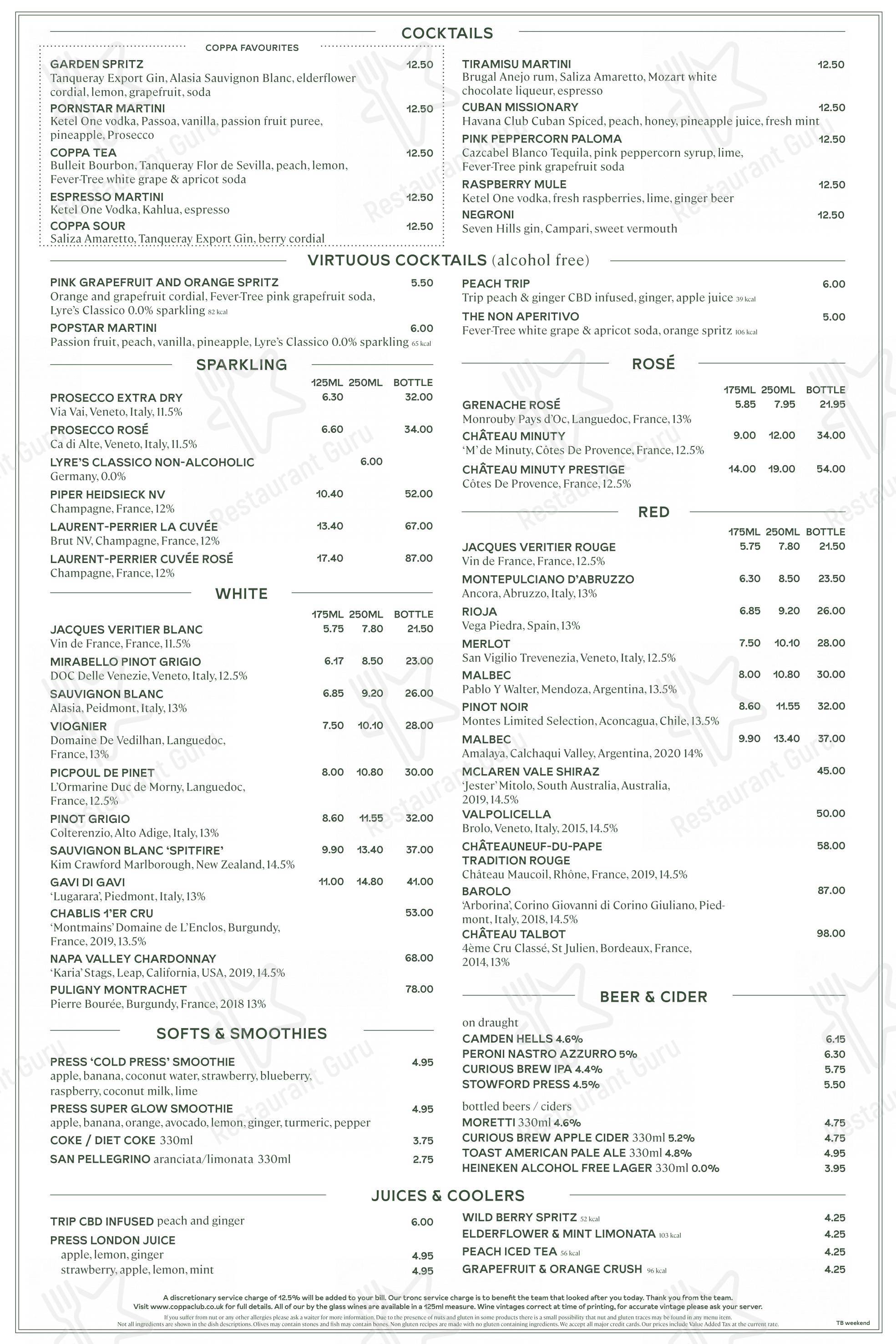 Menu at Coppa Club Tower Bridge, London, 3 Three Quays Walk