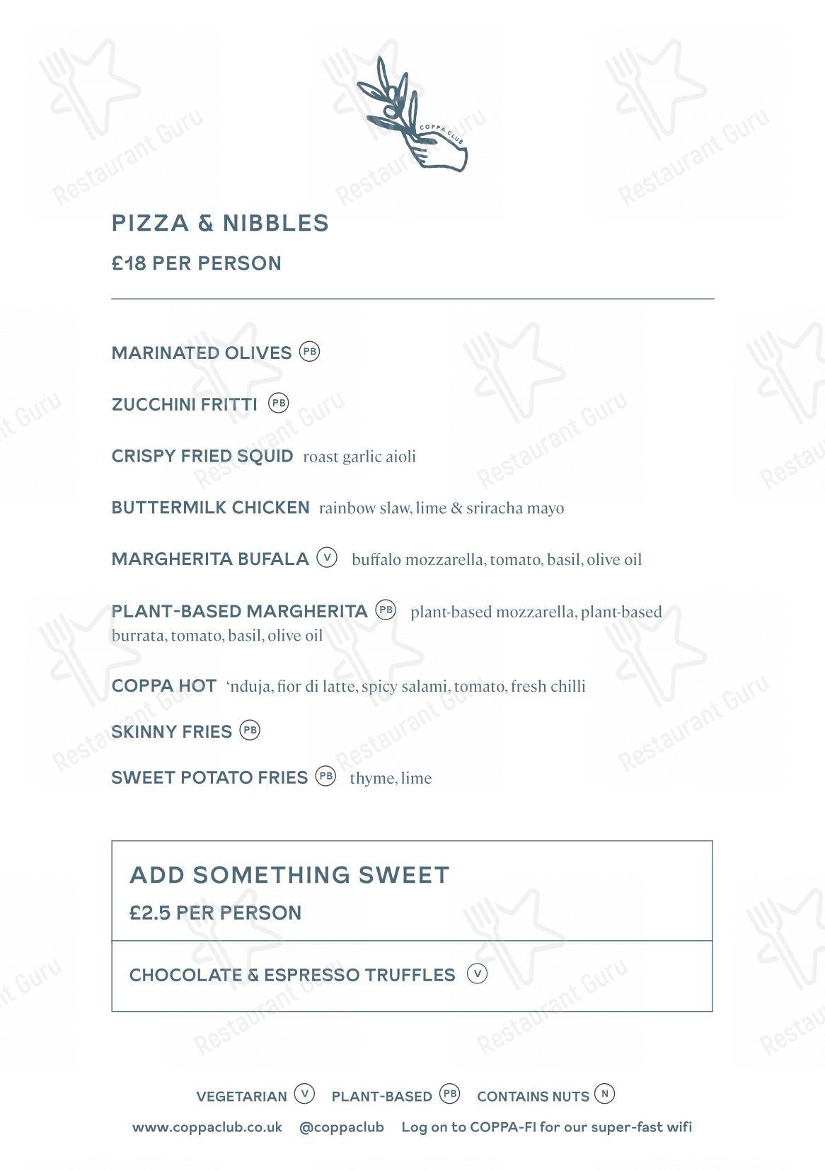 Menu at Coppa Club Tower Bridge, London, 3 Lower Thames St