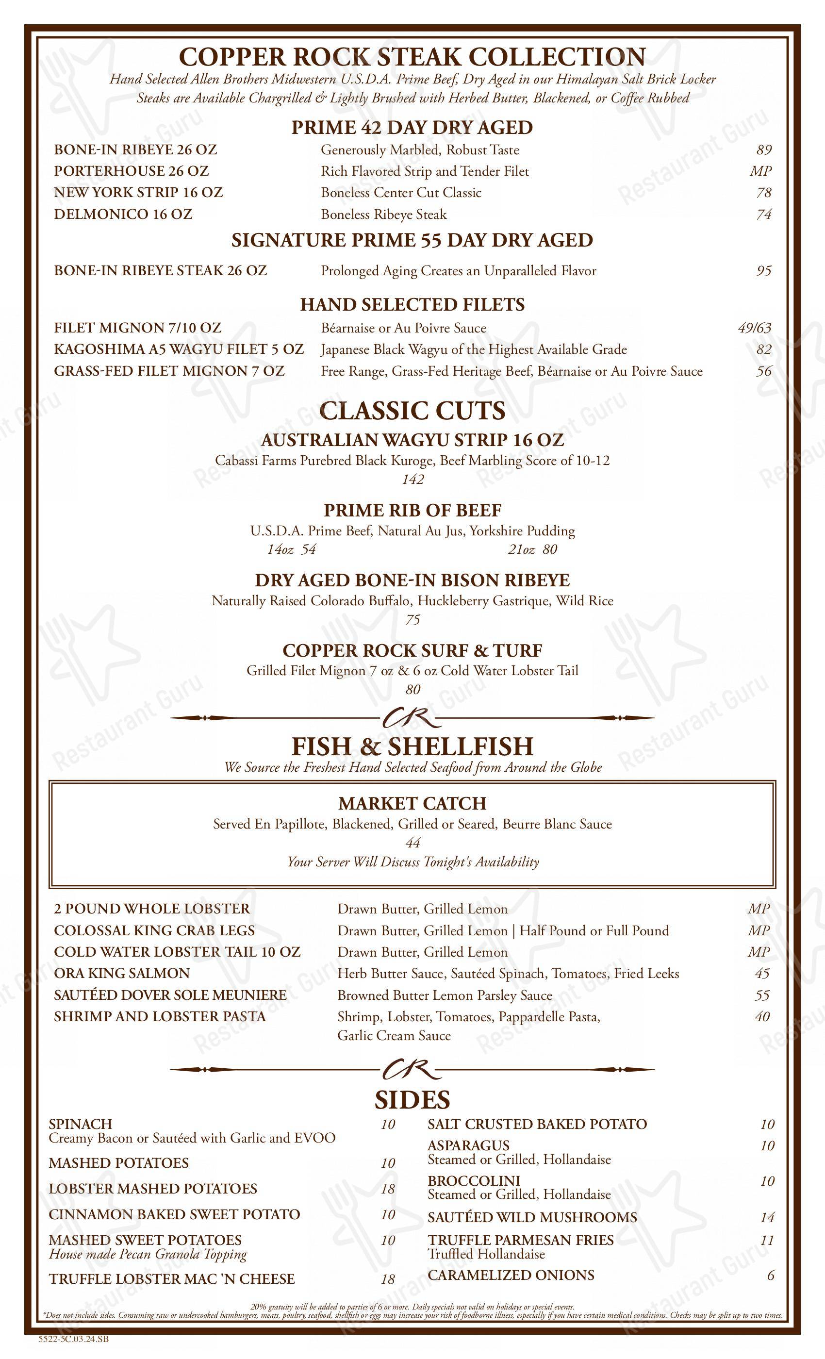 Menu at Copper Rock Steakhouse South Bend, South Bend