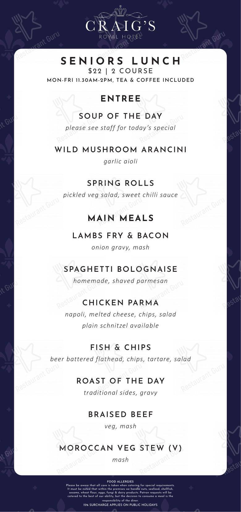 Menu at Craig's Royal Hotel pub & bar, Ballarat Central