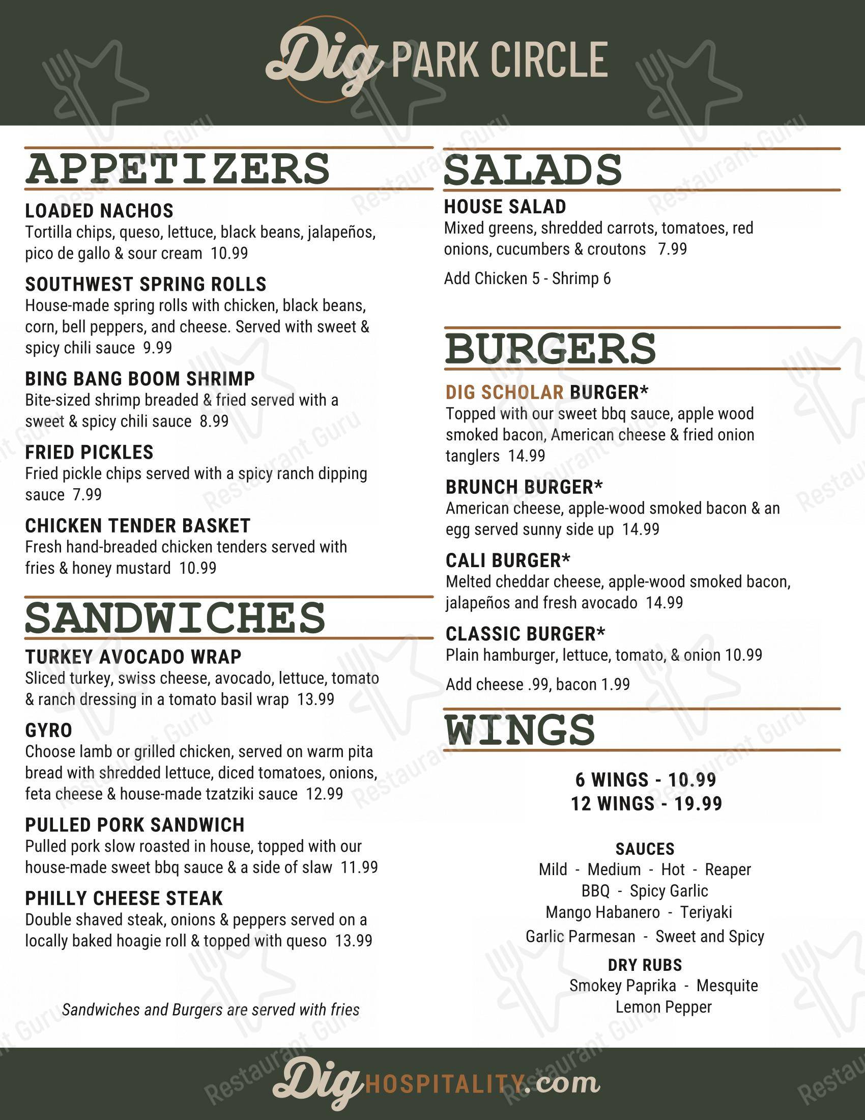 Menu at DIG In The Park pub & bar, North Charleston