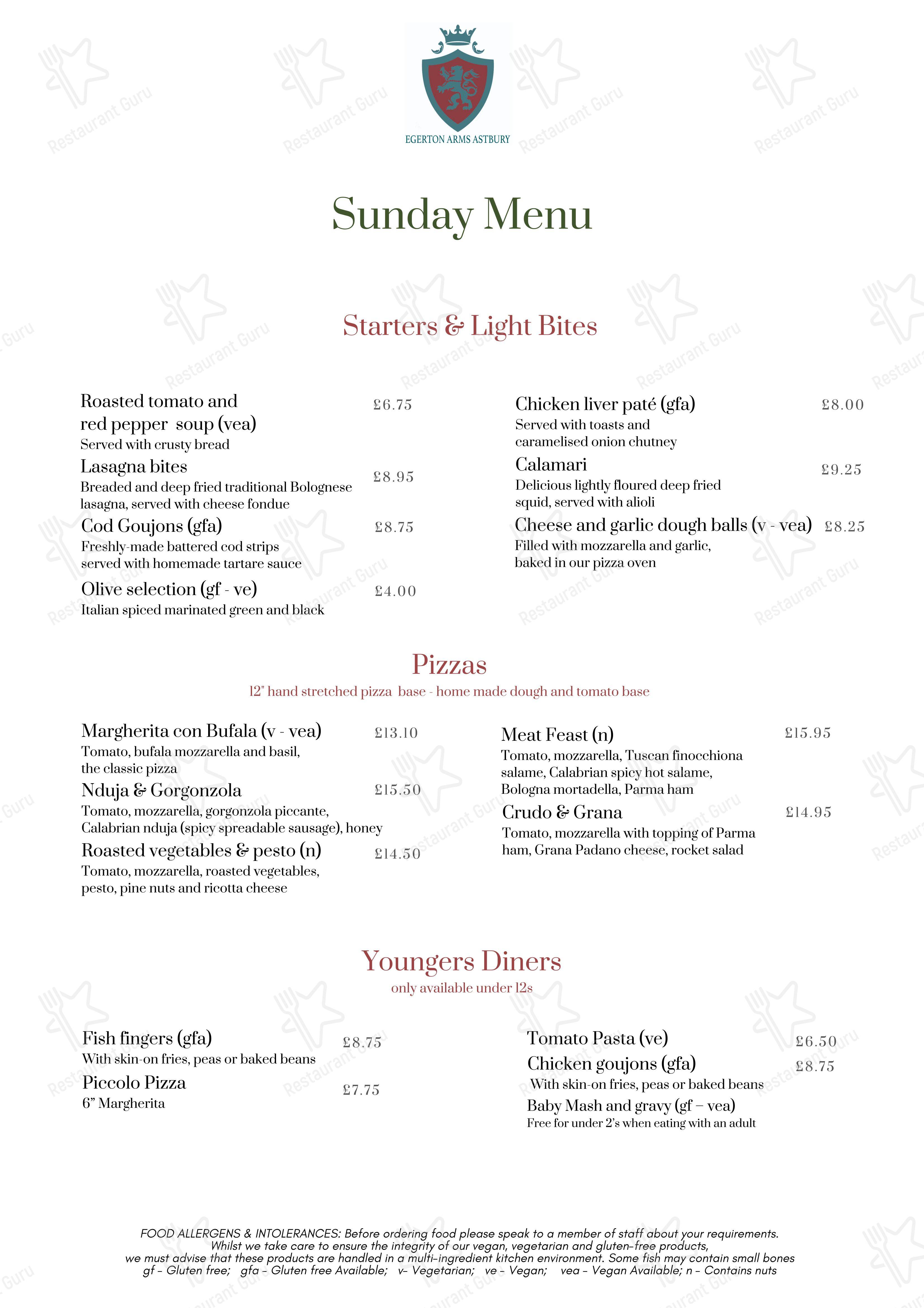 Menu at Egerton Arms Astbury restaurant, Congleton, Peel Ln