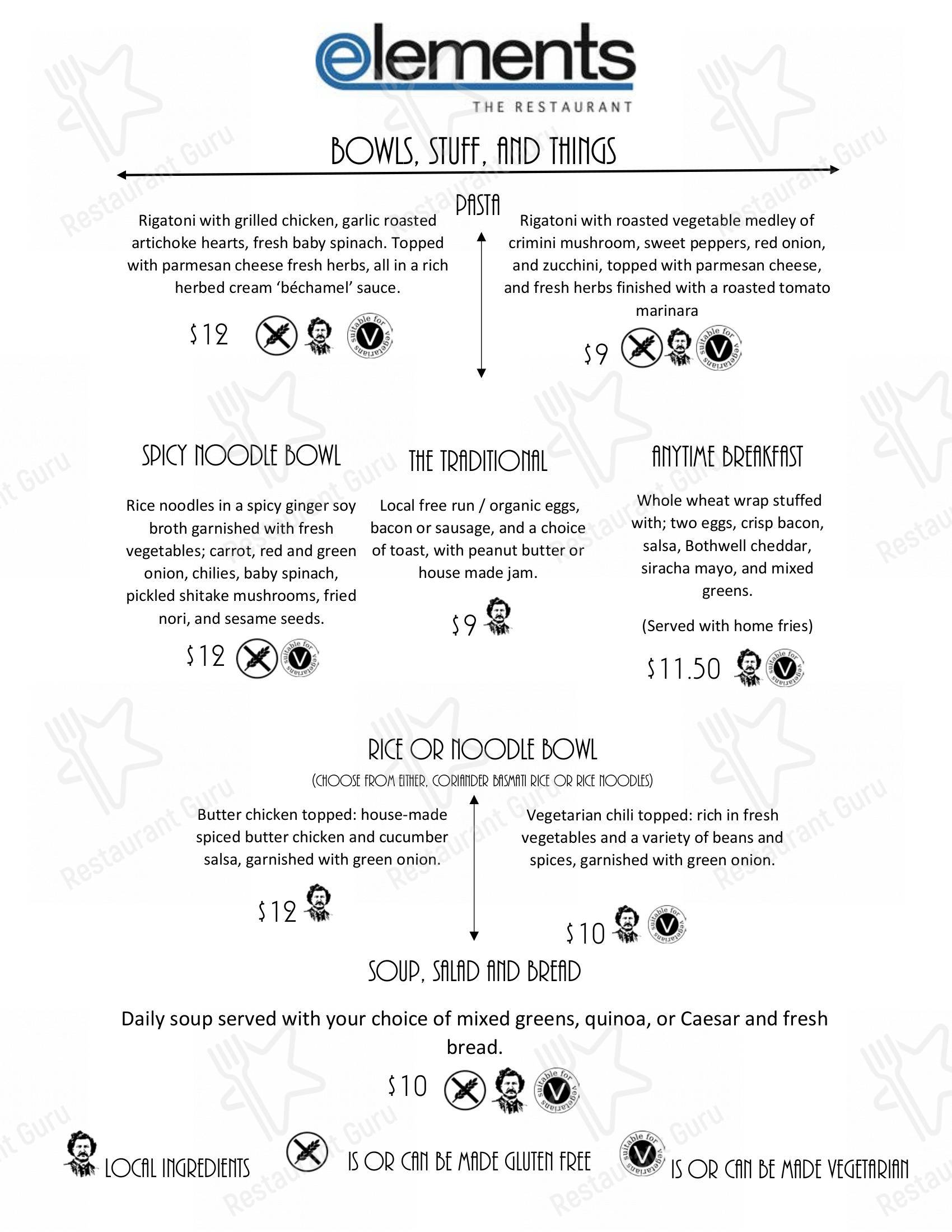 Menu at Elements The Restaurant, Winnipeg