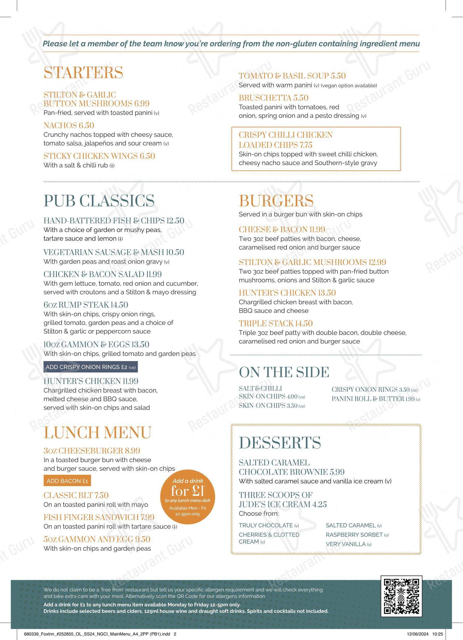 Menu at Fox Inn pub & bar, Guisborough