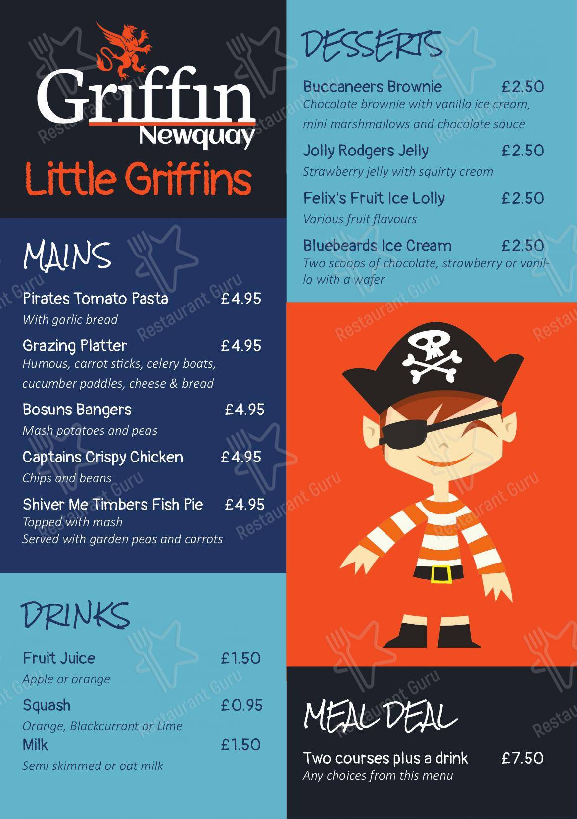 Menu at Griffin Newquay pub & bar, Newquay