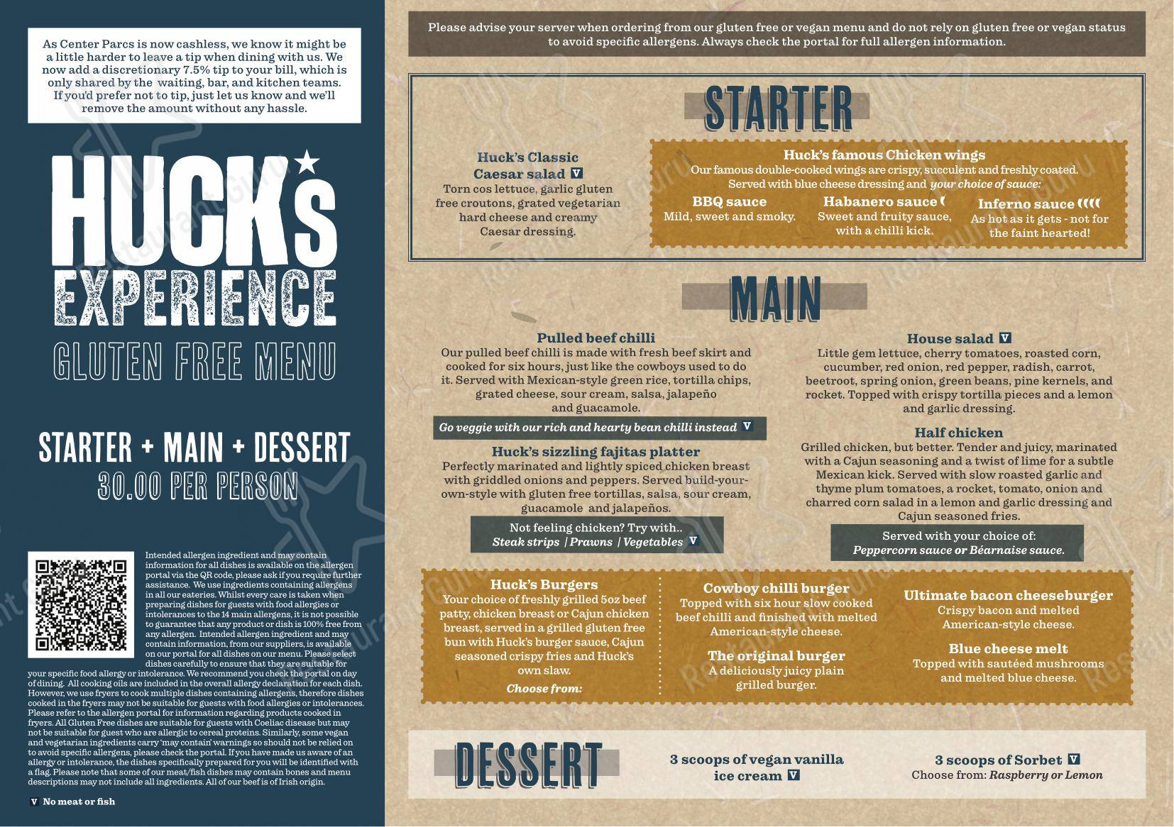 Menu at Huck's American Bar and Grill, Ireland, Center Parcs Longford ...