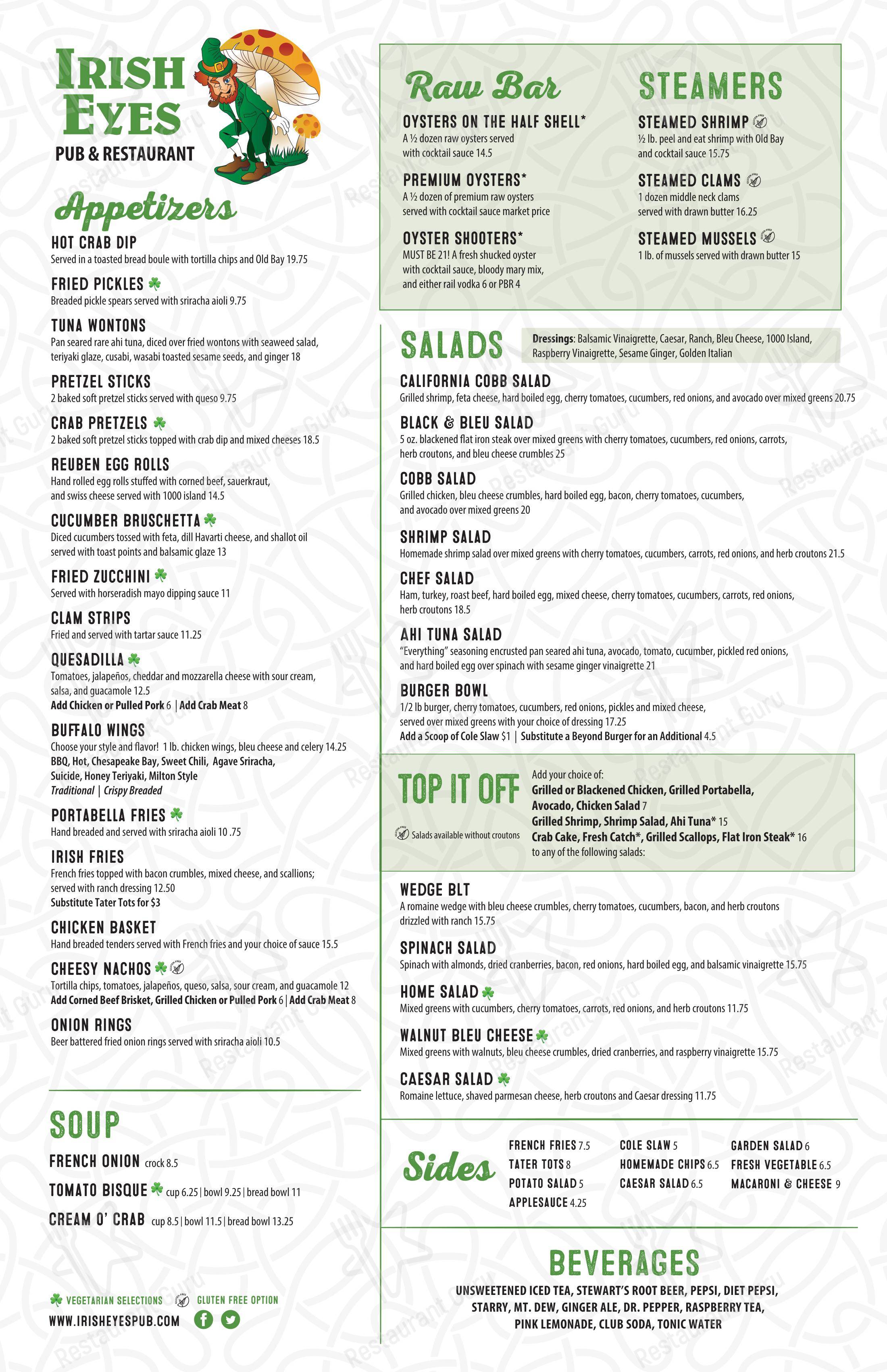 Menu at Irish Eyes Pub & Restaurant, Lewes, 213 Anglers Rd
