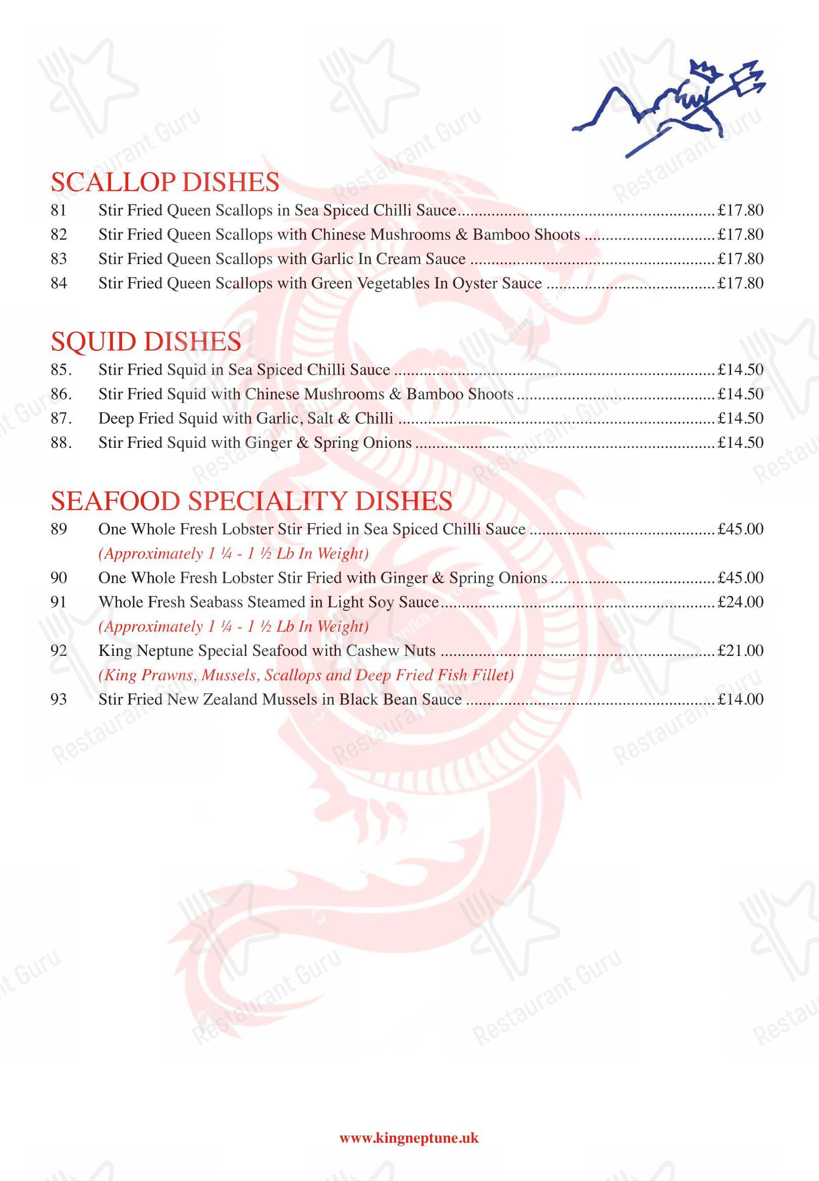 Menu at King Neptune restaurant, Newcastle upon Tyne, Parkside