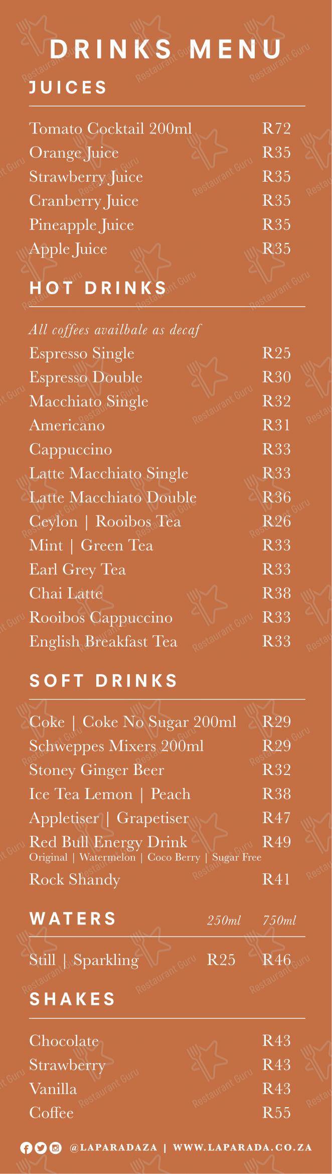 Menu at La Parada Rosebank restaurant, Johannesburg, Shop 22