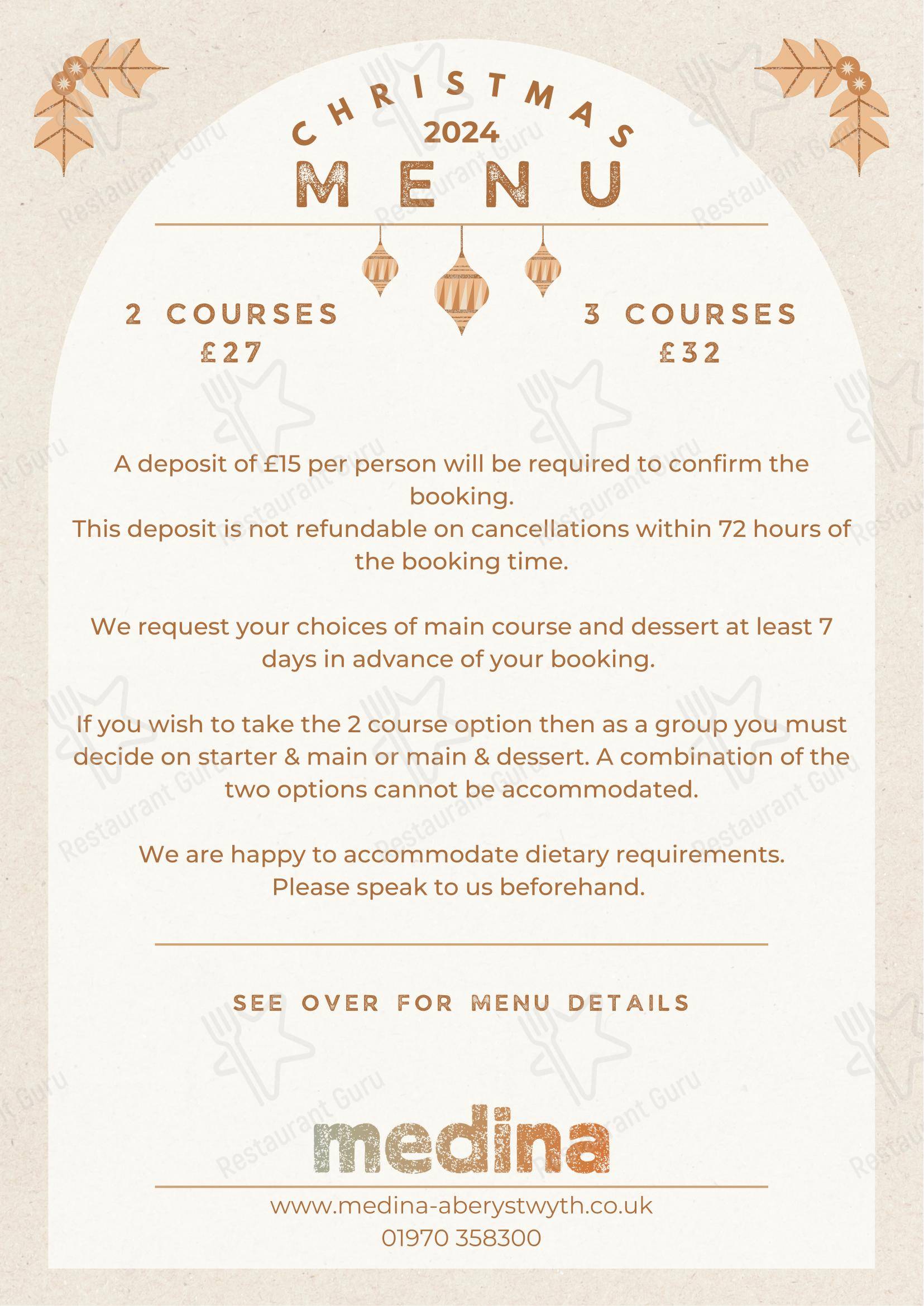 Menu at Medina restaurant, Aberystwyth