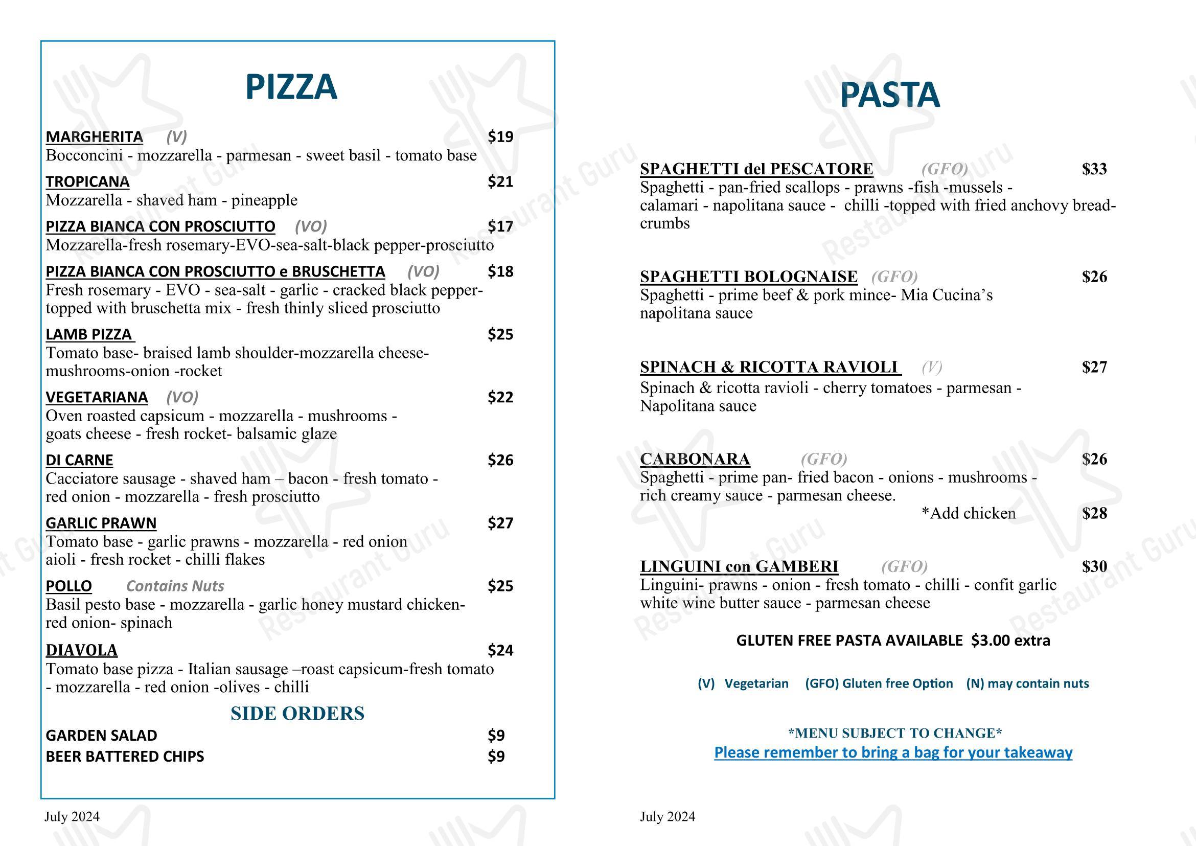 Menu at Mia Cucina Italian Cafe, Hillarys