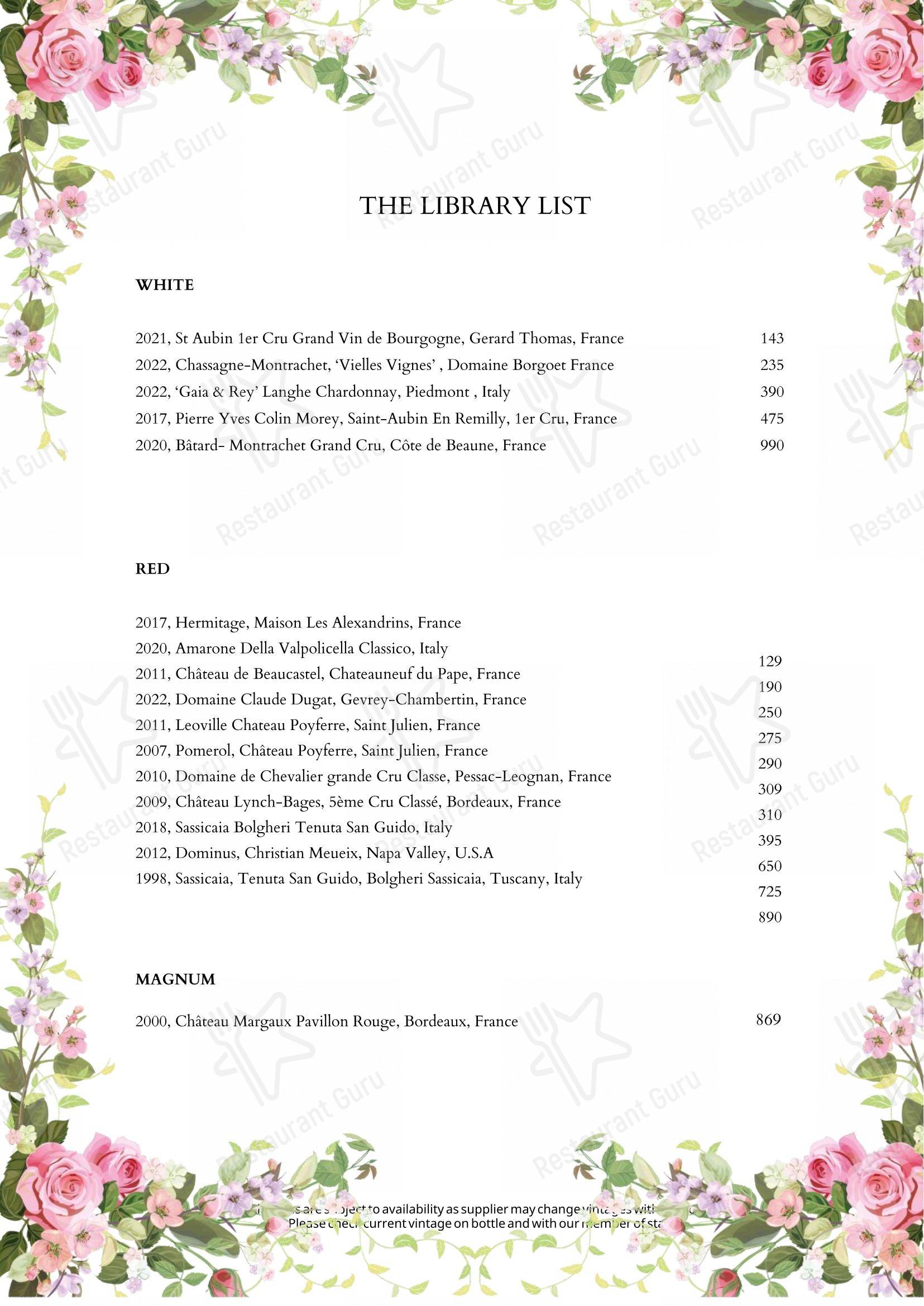 Menu at No. Fifty Cheyne pub & bar, London, 50 Cheyne Walk
