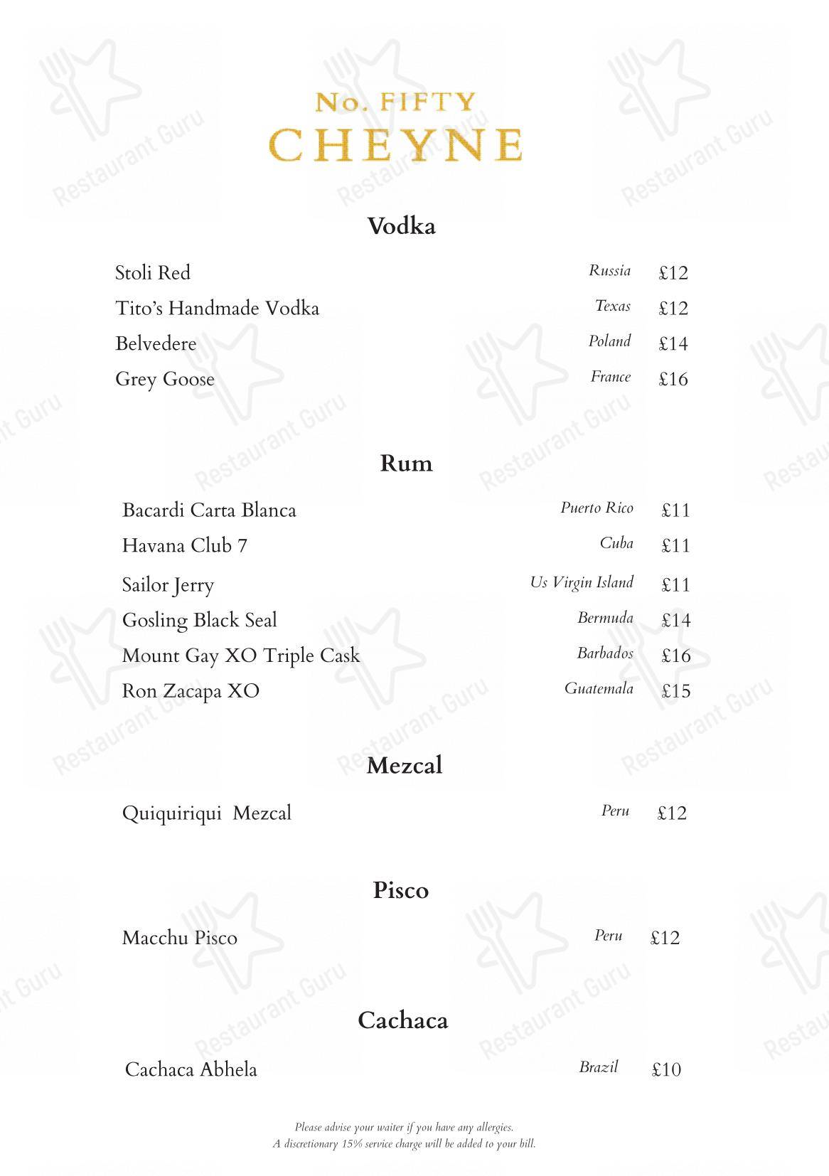 Menu at No. Fifty Cheyne pub & bar, London, 50 Cheyne Walk