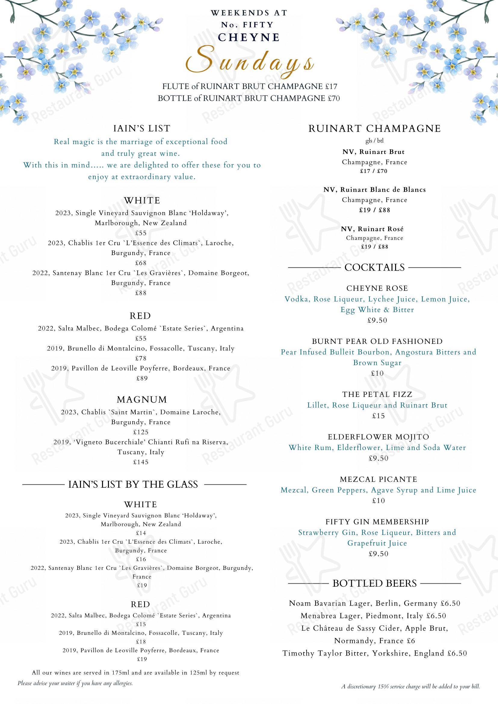 Menu at No. Fifty Cheyne pub & bar, London, 50 Cheyne Walk
