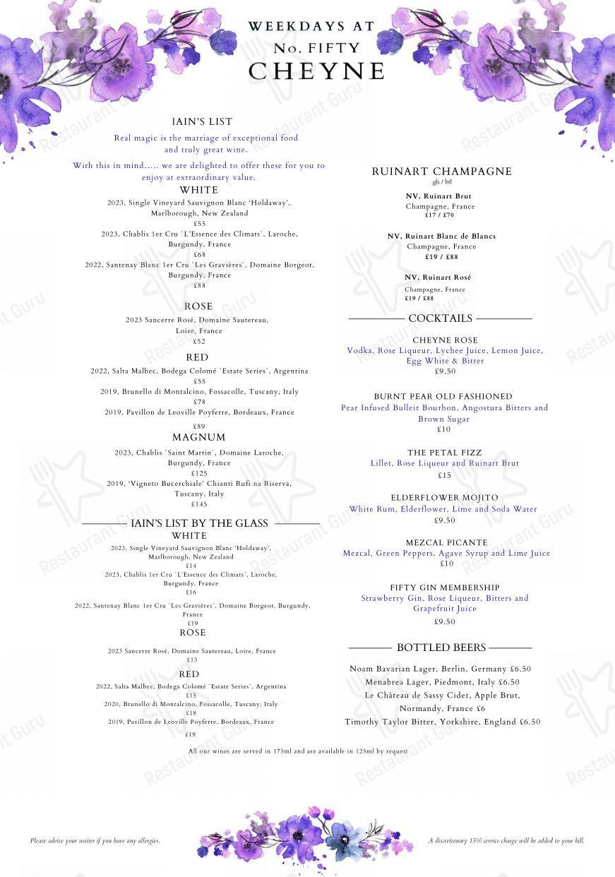 Menu at No. Fifty Cheyne pub & bar, London, 50 Cheyne Walk