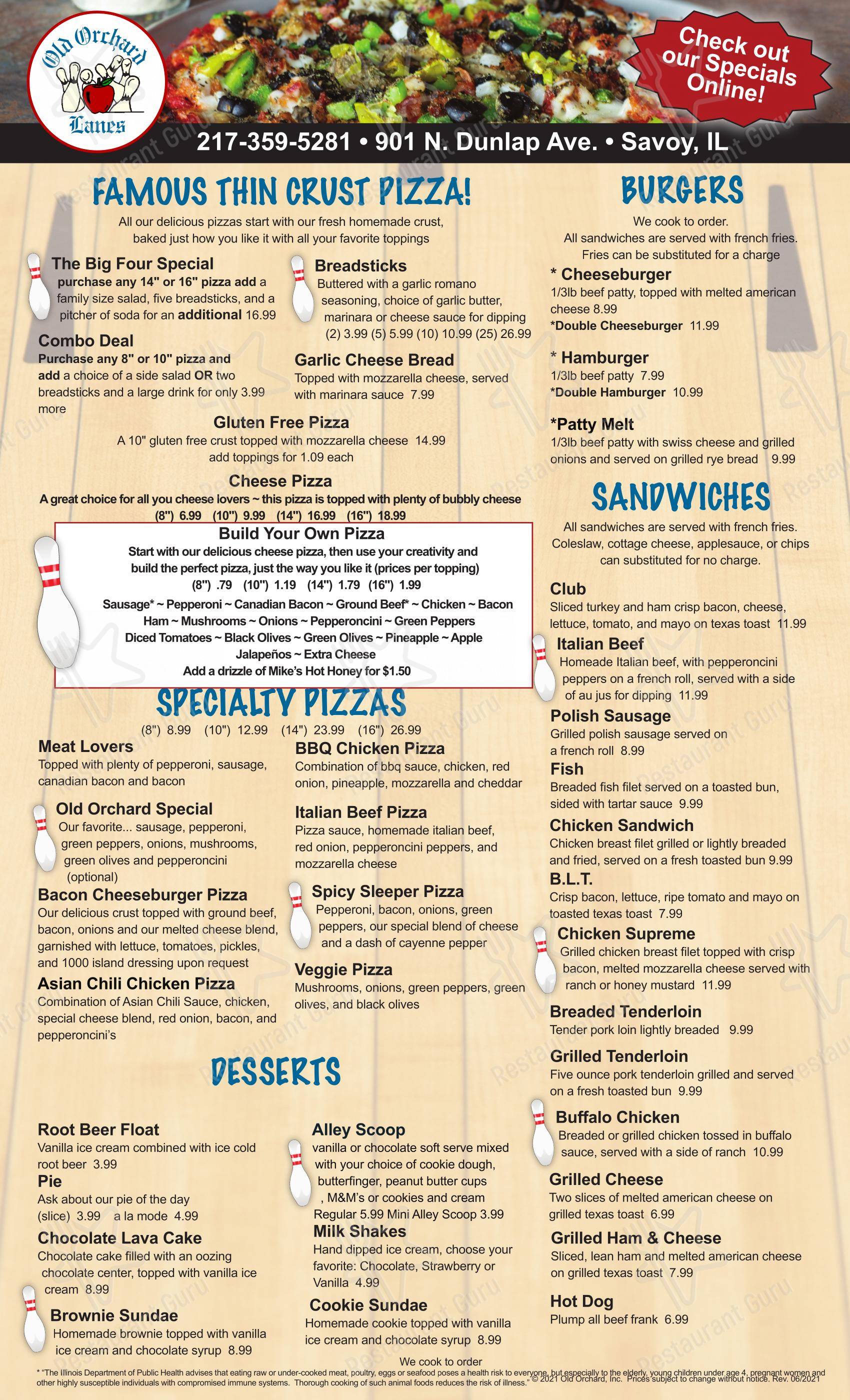 Menu at Old Orchard Lanes & Links pub & bar, Savoy, 901 N Dunlap Ave