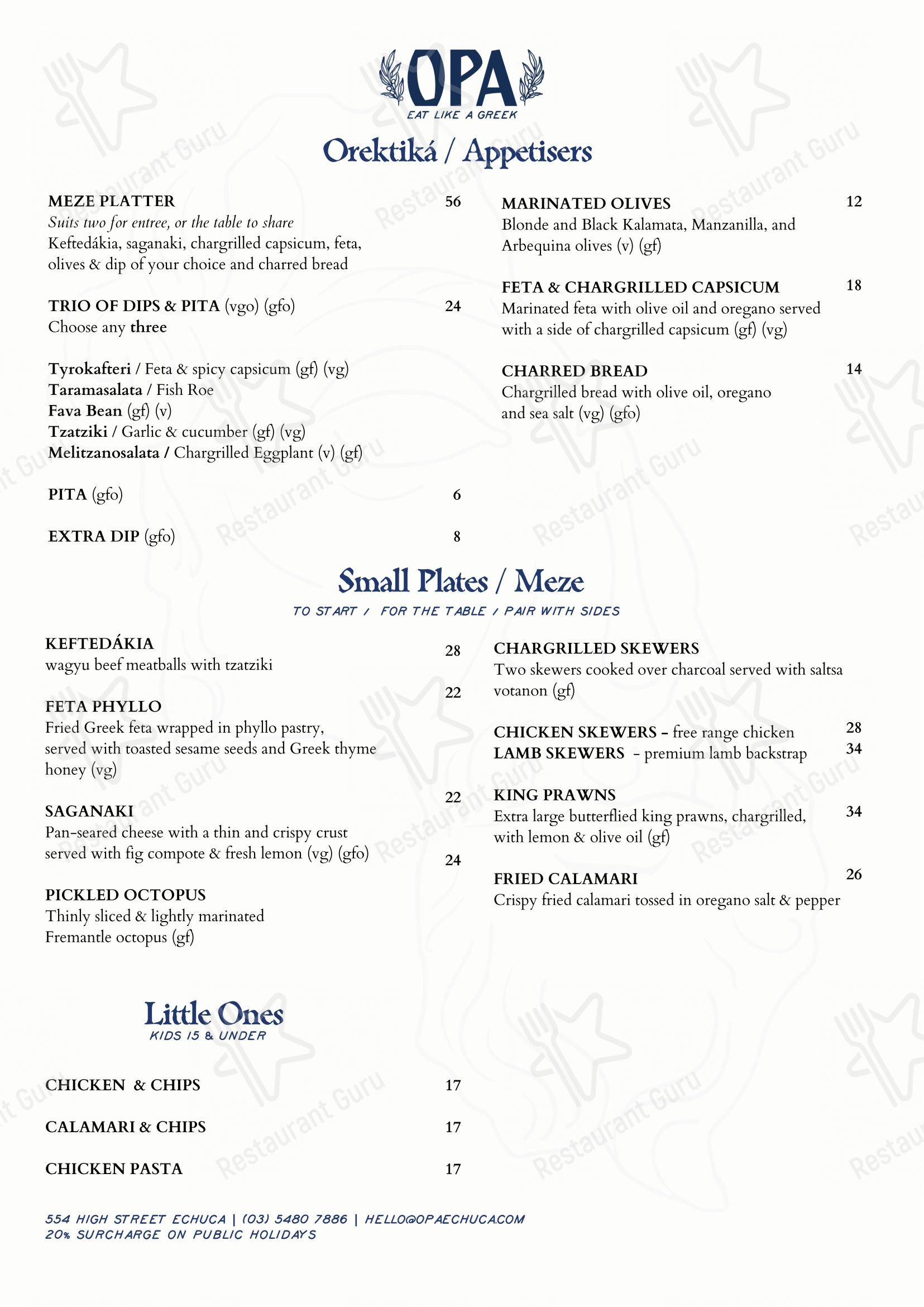 Menu at Opa Echuca restaurant, Echuca