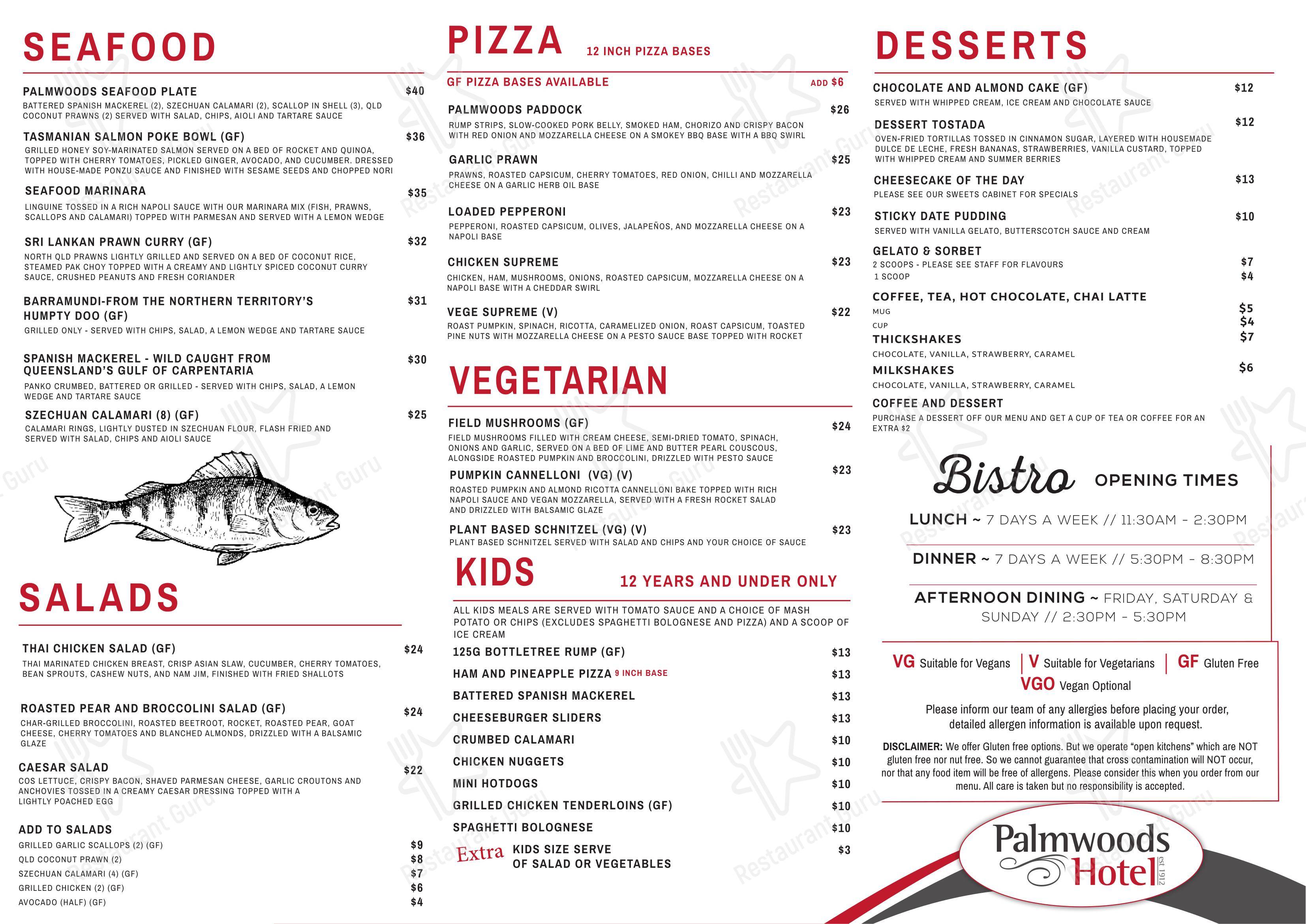 Menu at Palmwoods Hotel restaurant, Palmwoods, 28-34 Main St