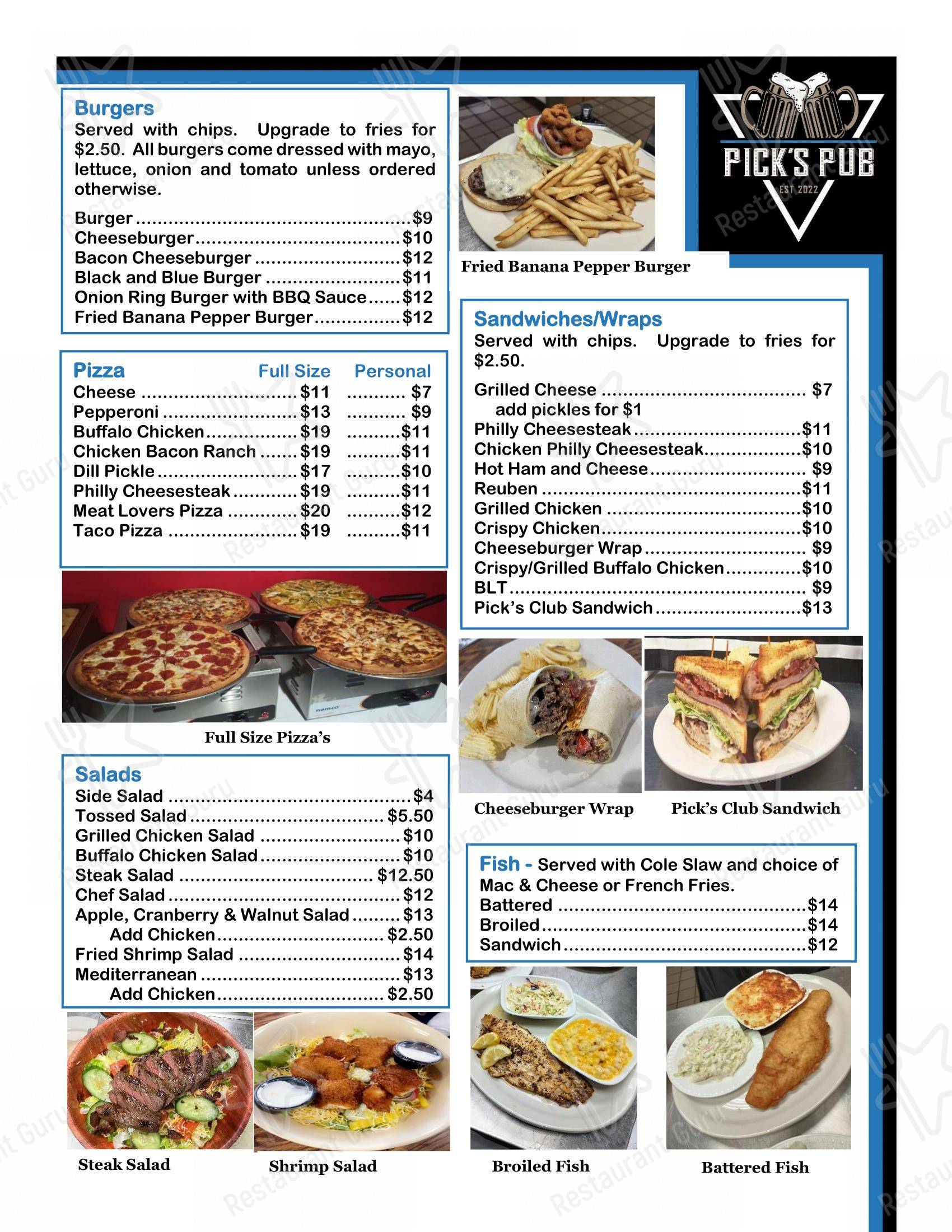 Menu at Pick's Pub, Elmira Heights