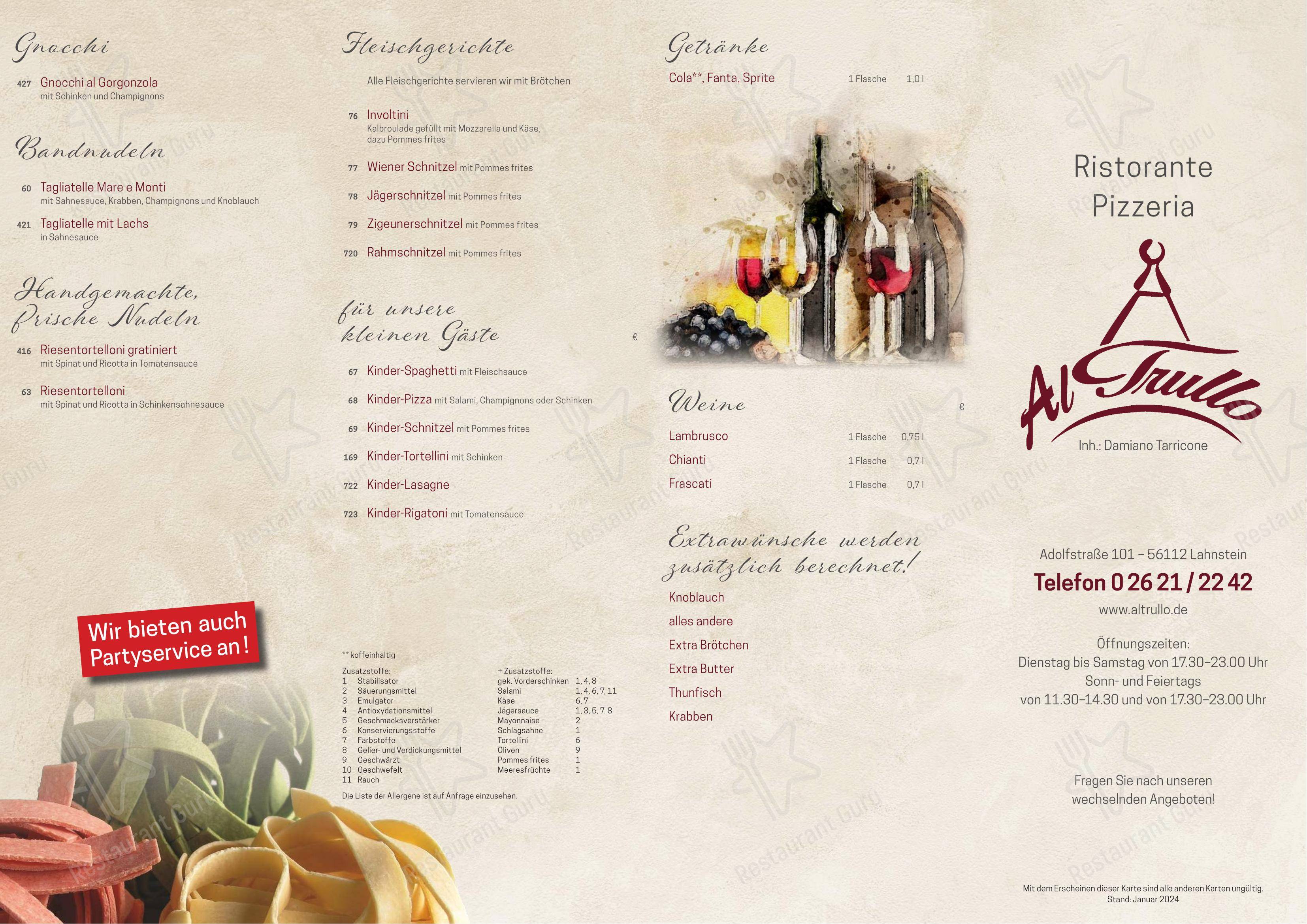 Speisekarte von Pizzeria AL TRULLO, Lahnstein, Adolfstraße 101