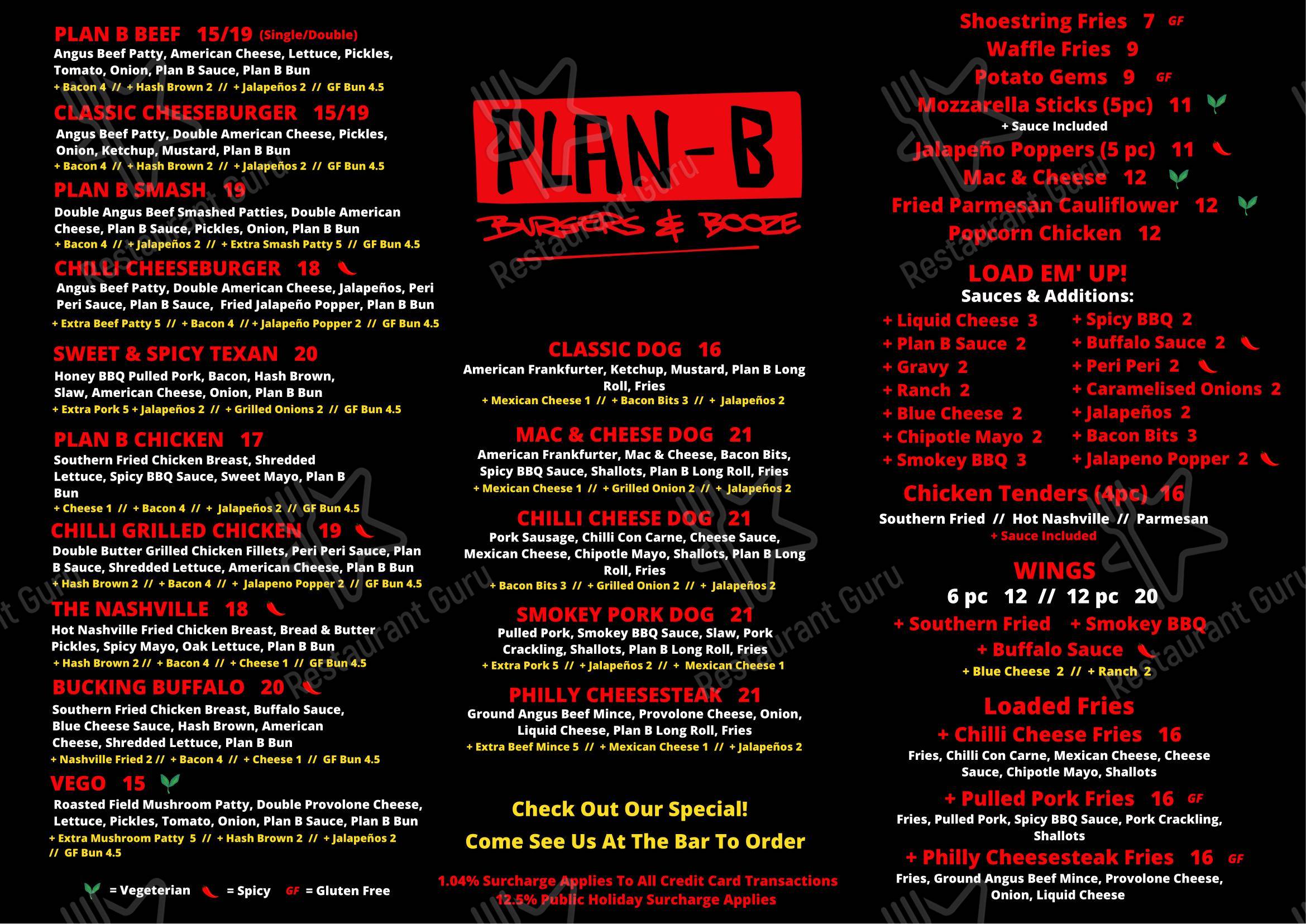 Menu at Plan B Burgers & Booze restaurant, Crows Nest
