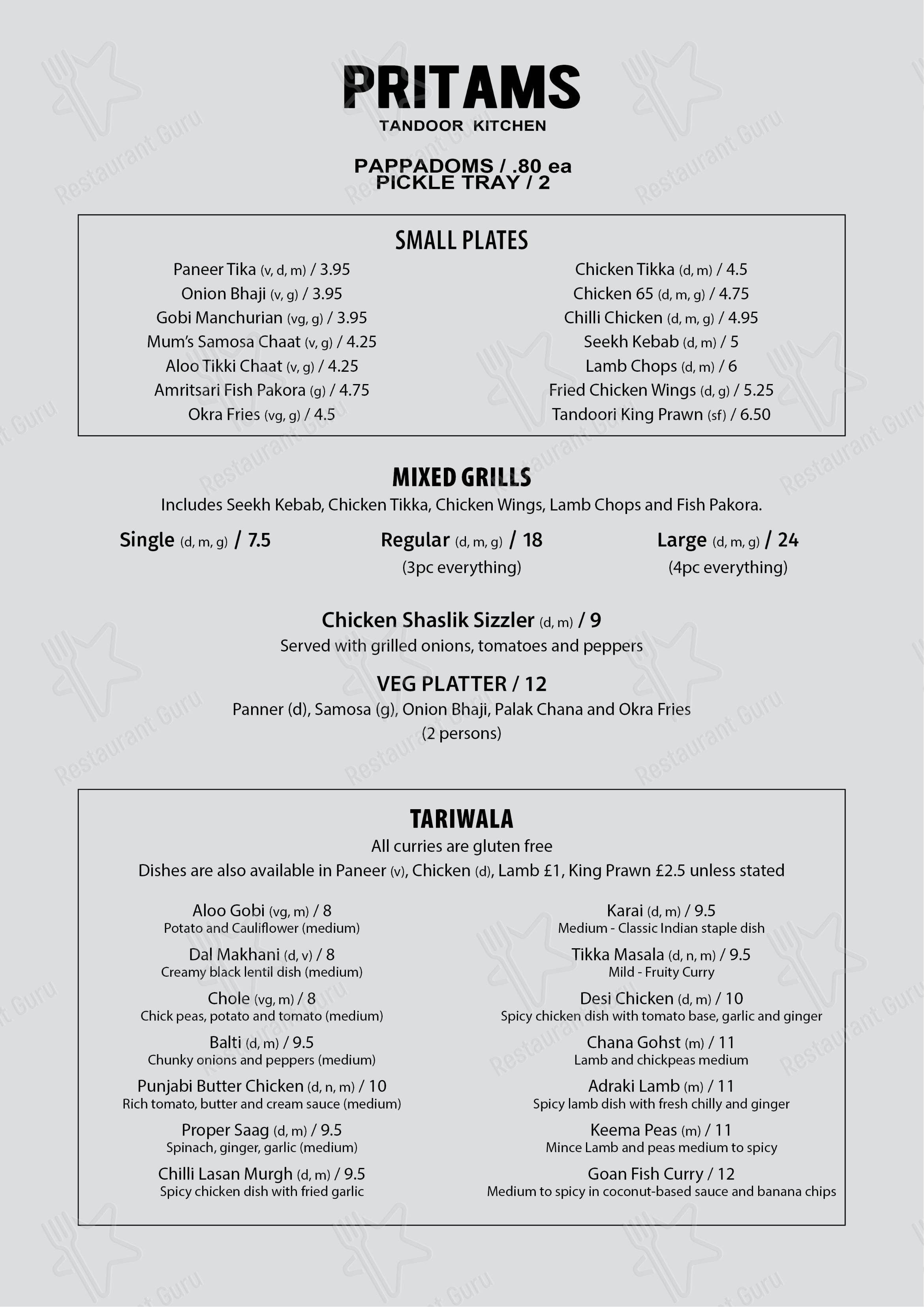 Menu at Pritam's Tandoor Kitchen restaurant, Scunthorpe