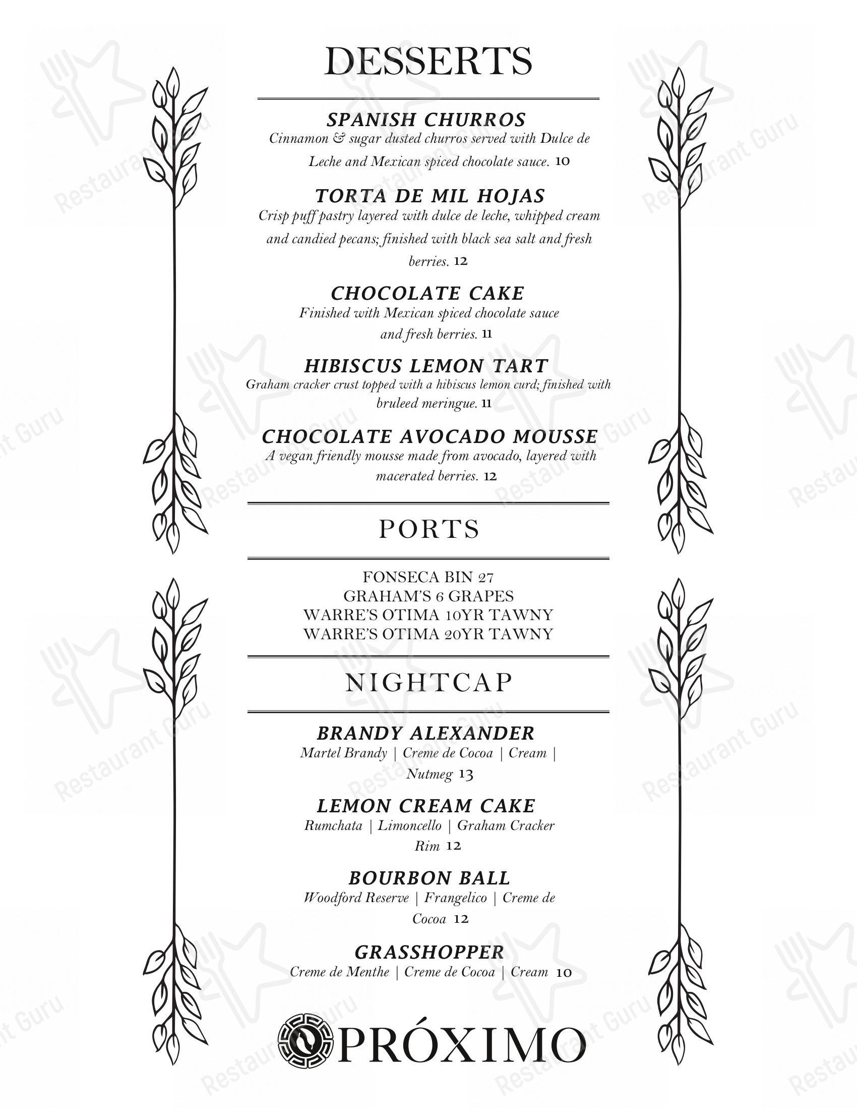 Menu at Proximo restaurant, Fort Wayne