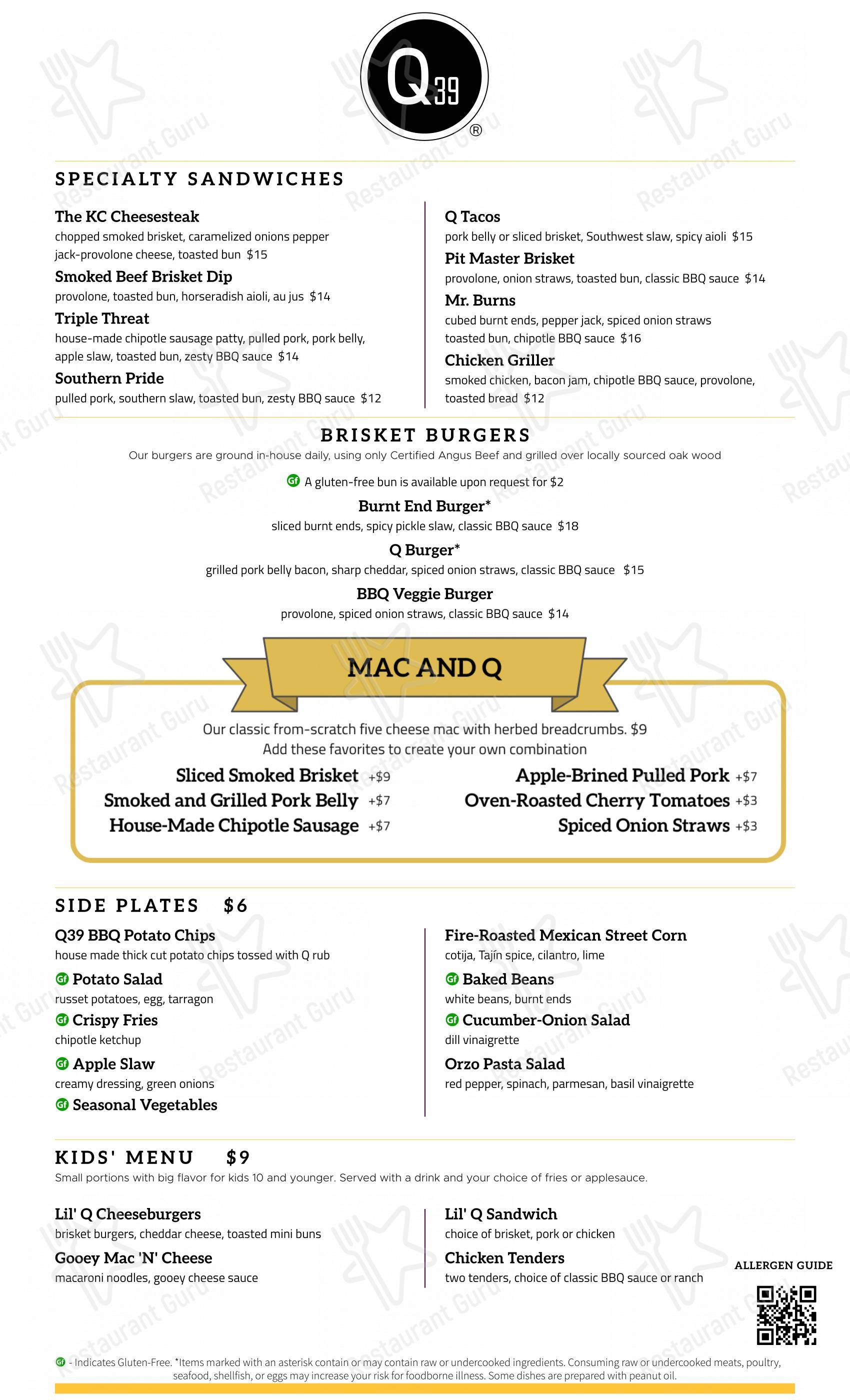 Menu at Q39 - Midtown BBQ, Kansas City