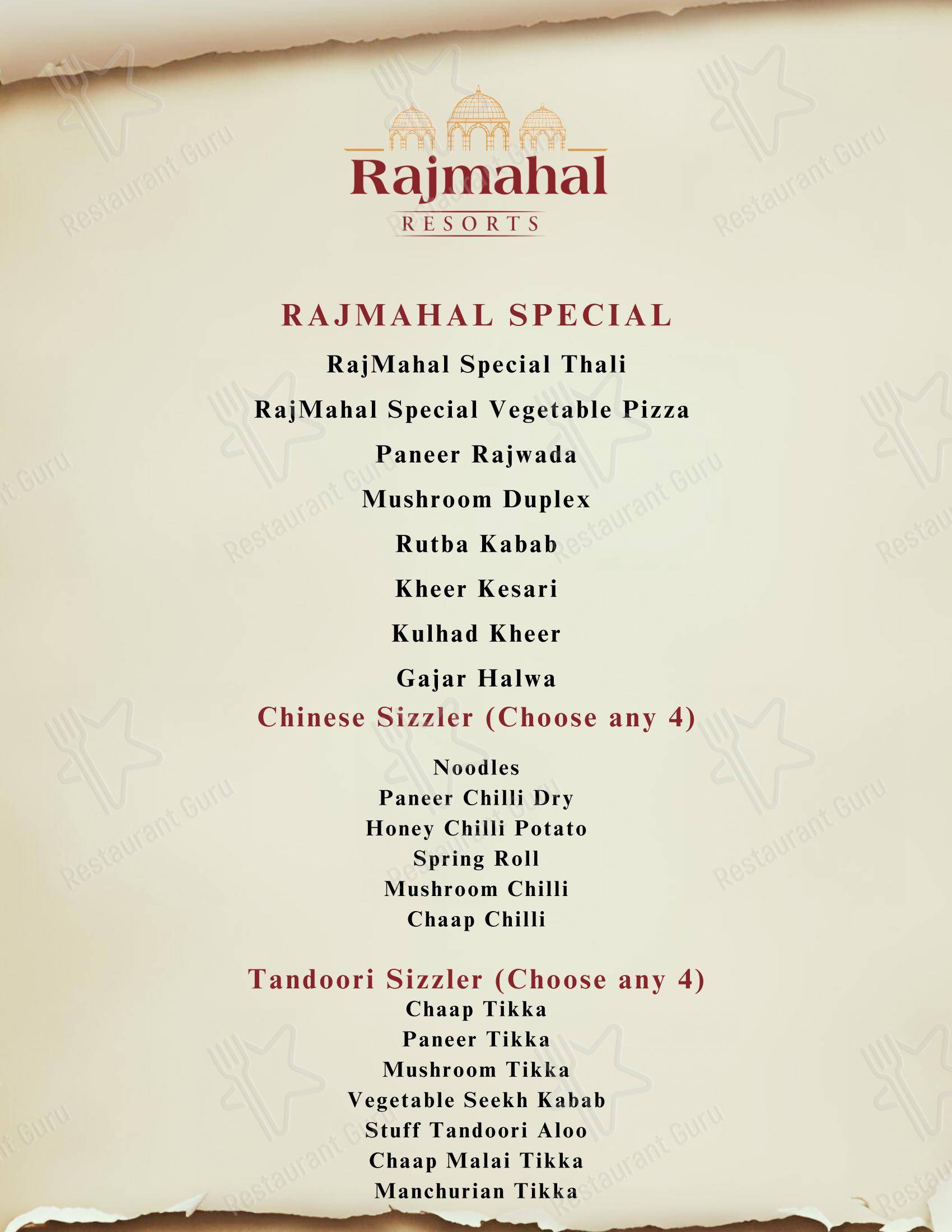 Menu at Rajmahal Resorts, Shamli, 3km. Stone