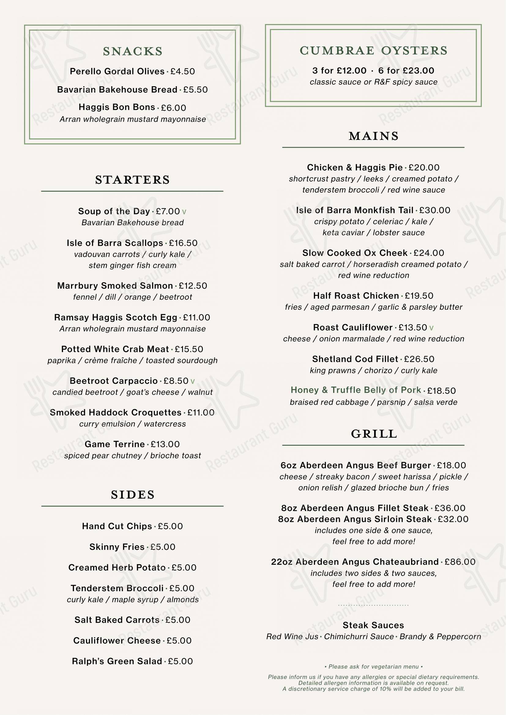 Menu at Ralph & Finns restaurant, Glasgow, 23-25 St Vincent Pl