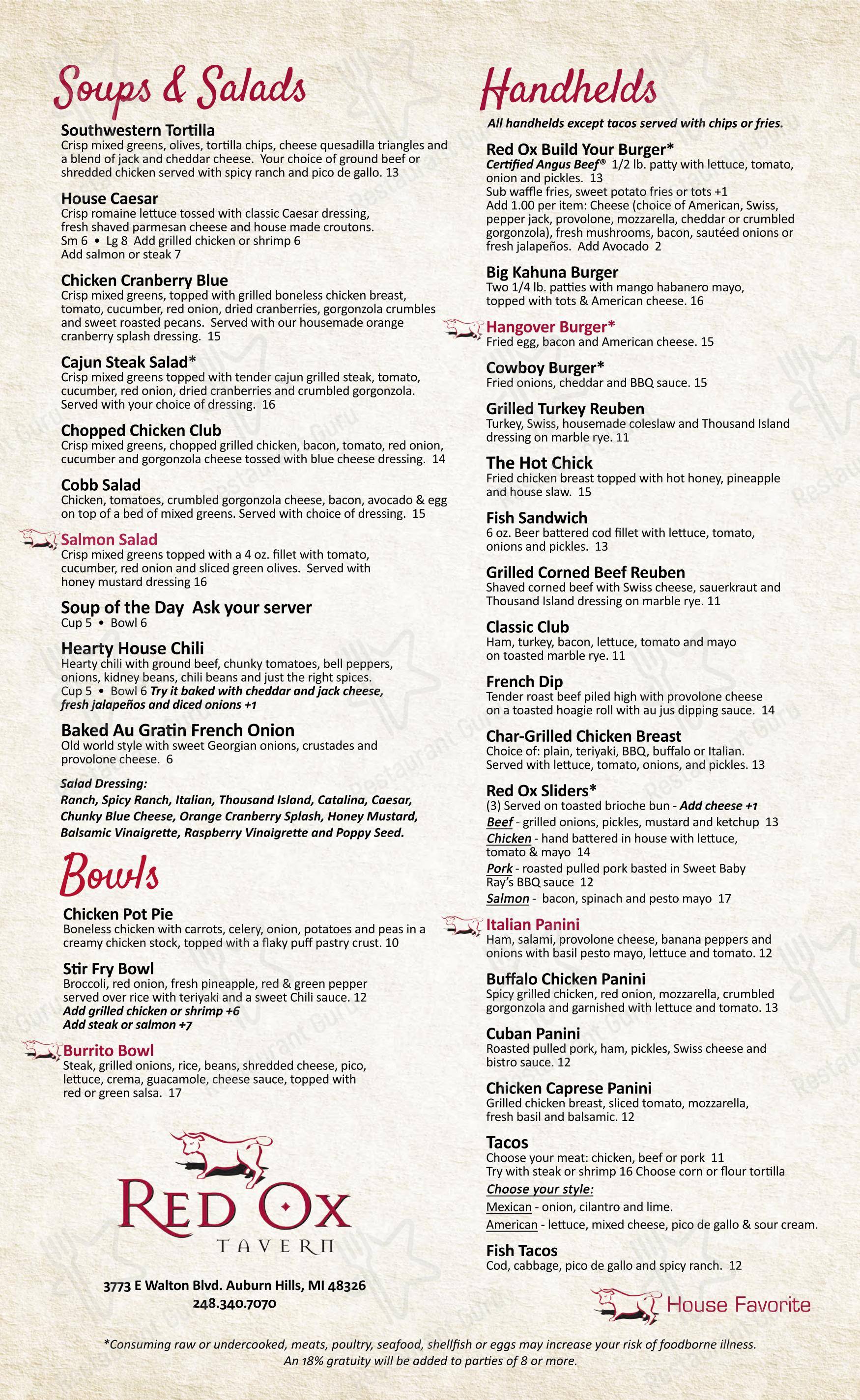 Menu at Red Ox Tavern pub & bar, Auburn Hills