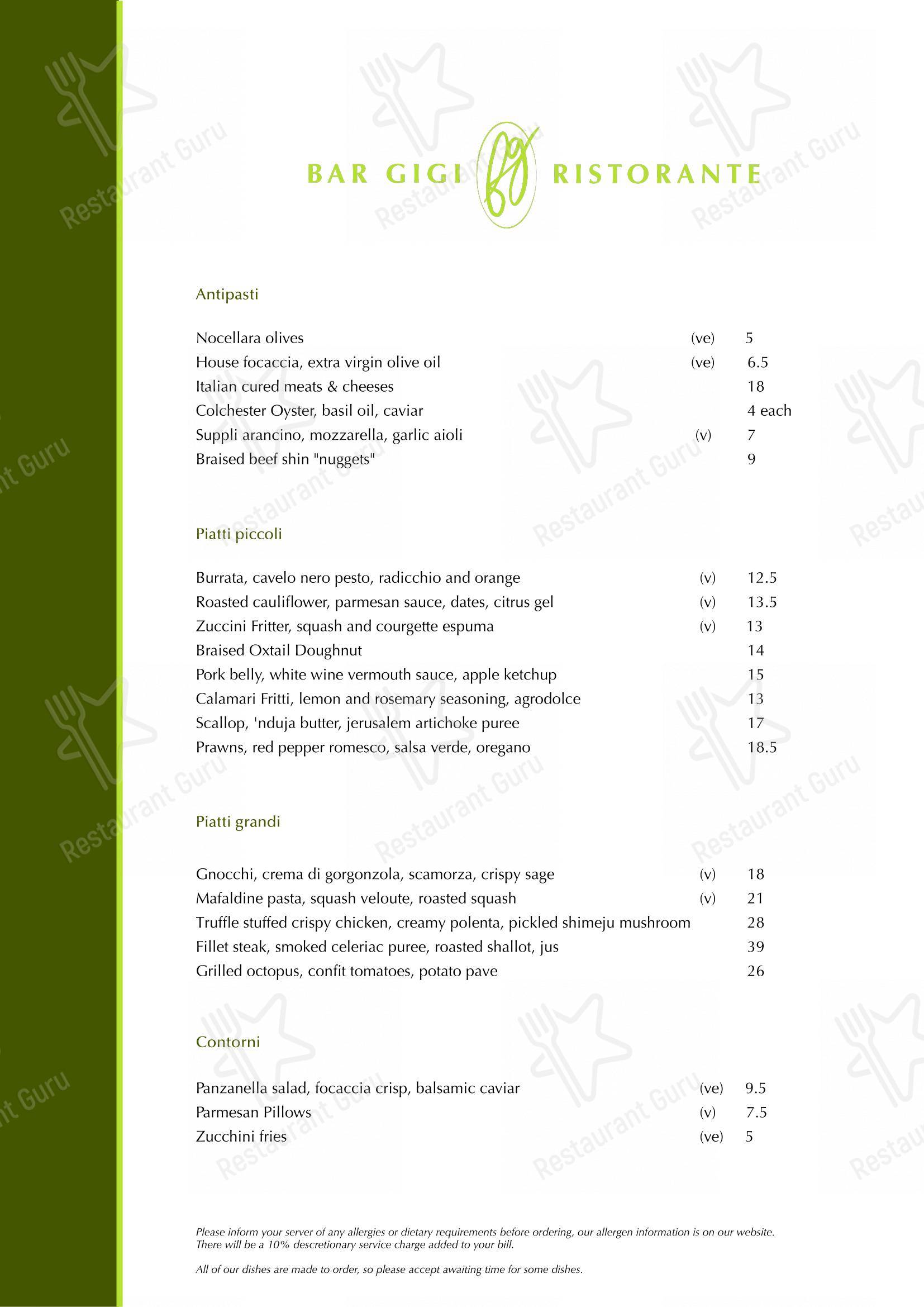 Menu at Restaurant Bar Gigi, Nottingham
