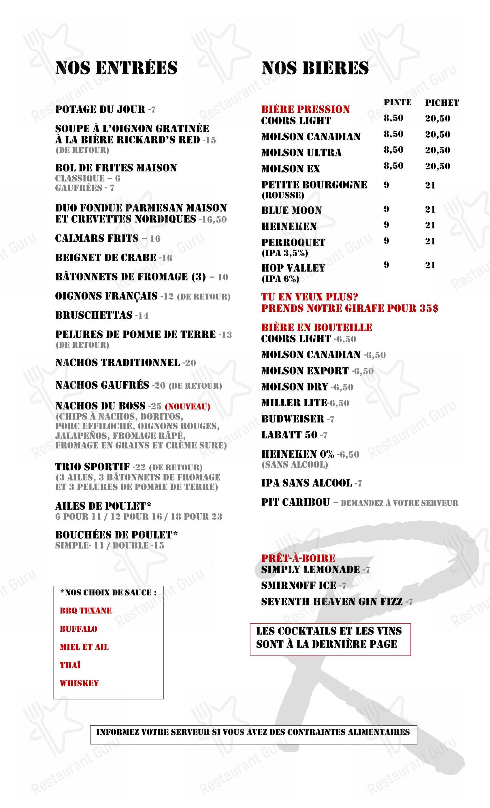 Menu at Resto-Pub La Révolte, Gaspé, 82 B Boulevard Renard Ouest