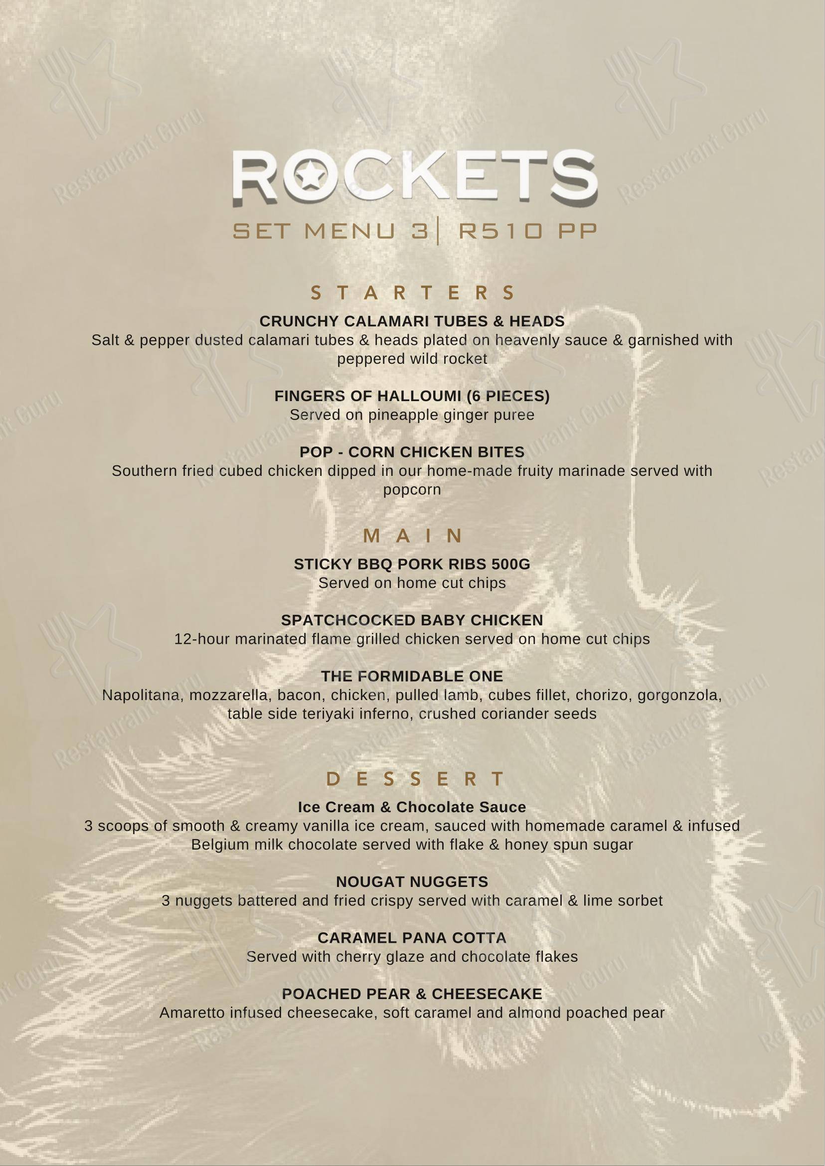Menu at Rockets Restaurant Umhlanga, Umhlanga
