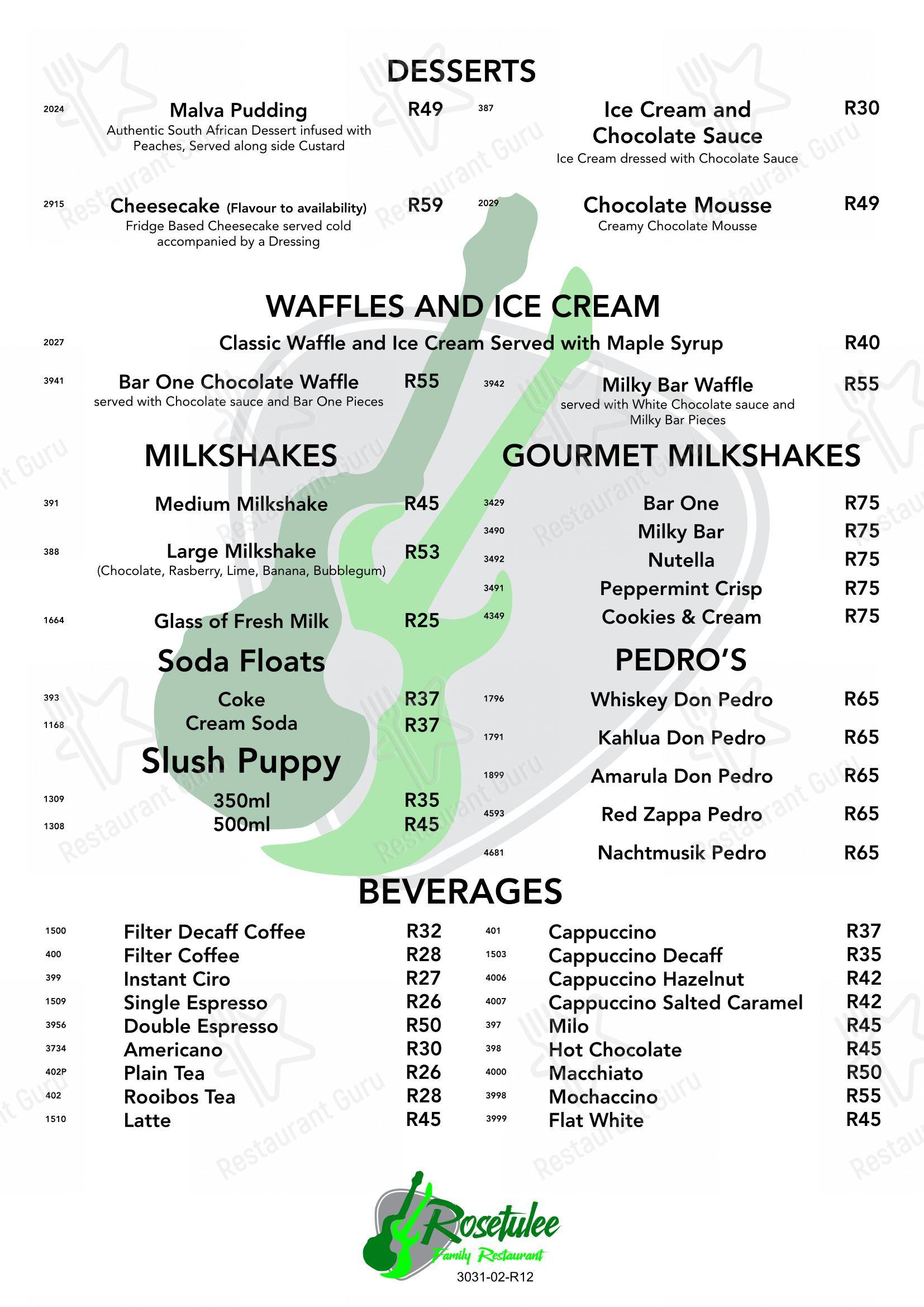 Menu at Rose Tulee pub & bar, Brakpan