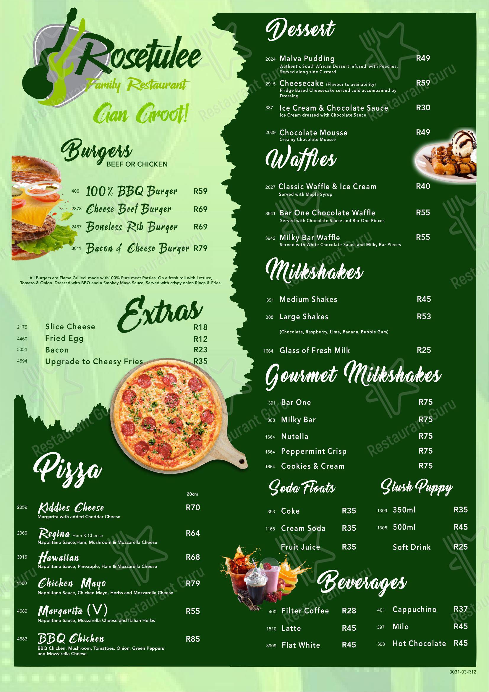 Menu at Rose Tulee pub & bar, Brakpan