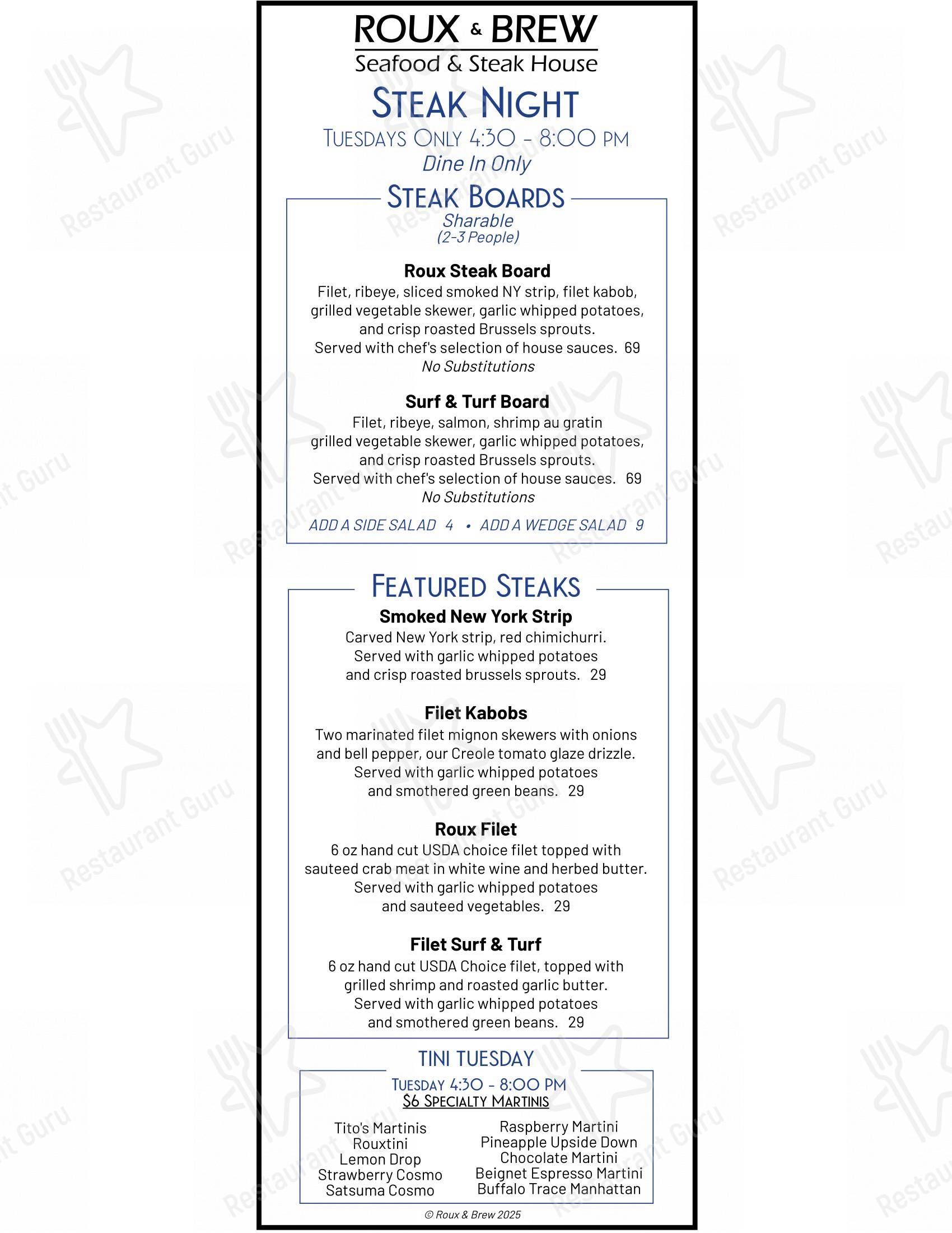 Menu at Roux & Brew Seafood and Steak House pub & bar, Ponchatoula