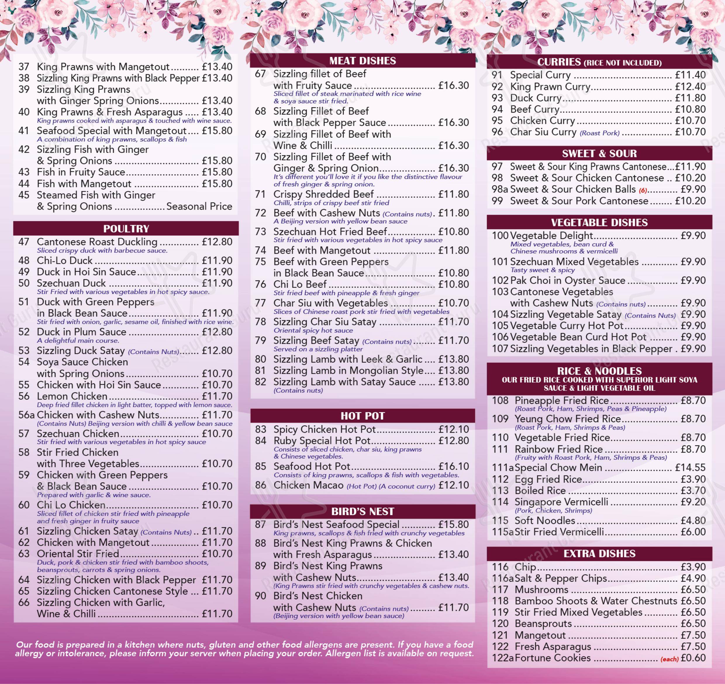 Menu at Ruby Cantonese Restaurant, Stourbridge