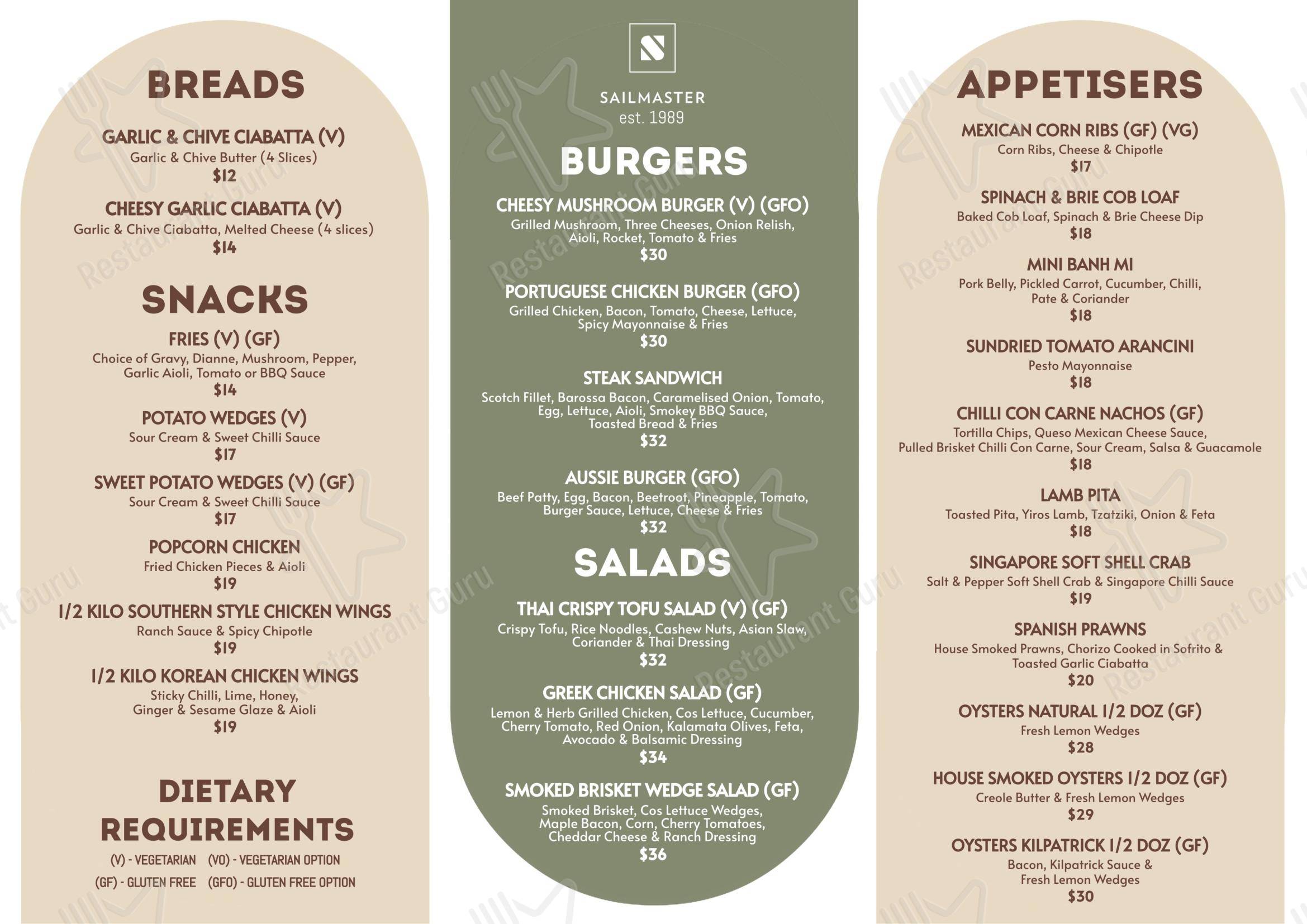 Menu at Sailmaster Tavern pub & bar, North Haven, 16 Arcadia Ct