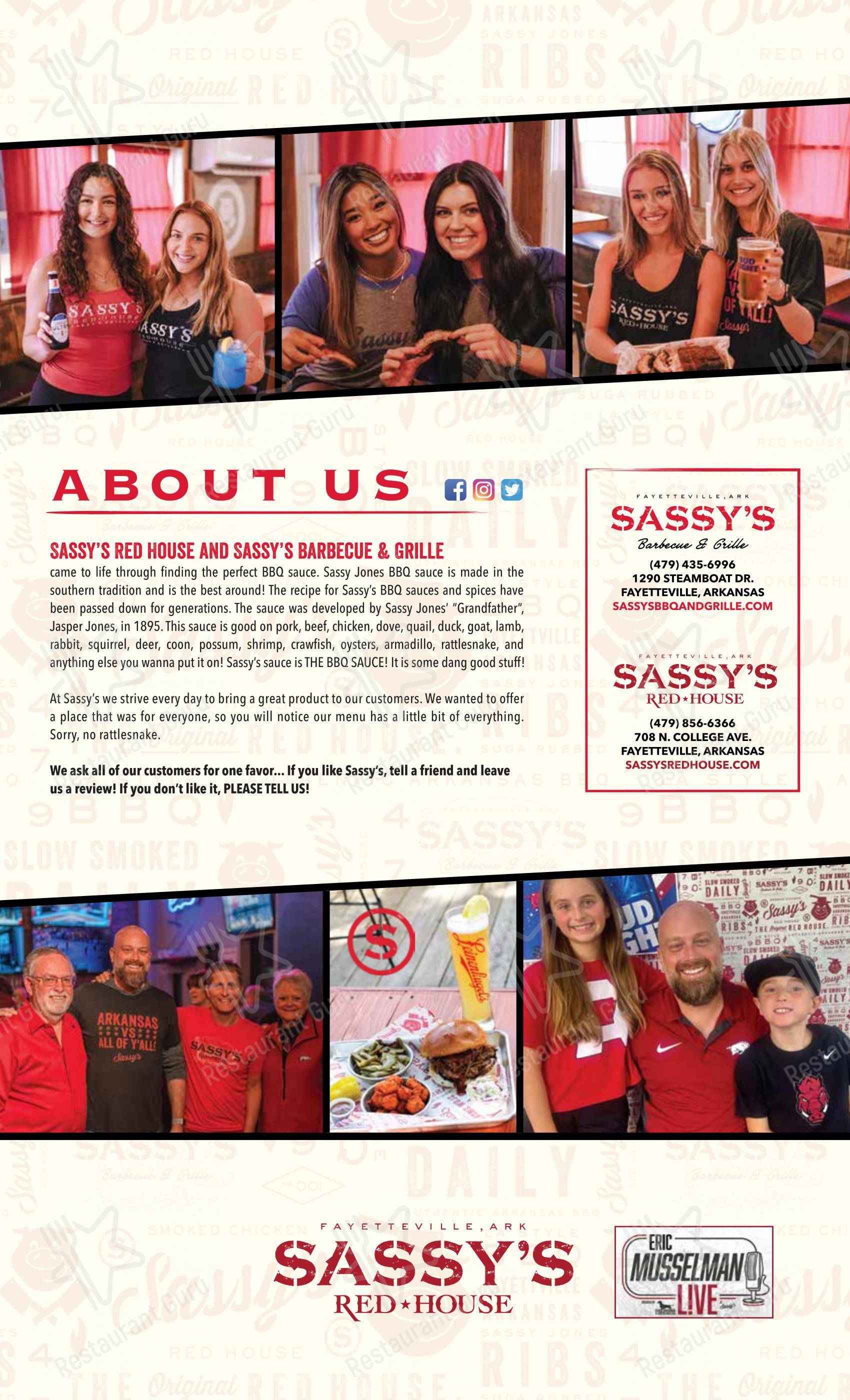 Menu at Sassy's Red House BBQ, Fayetteville