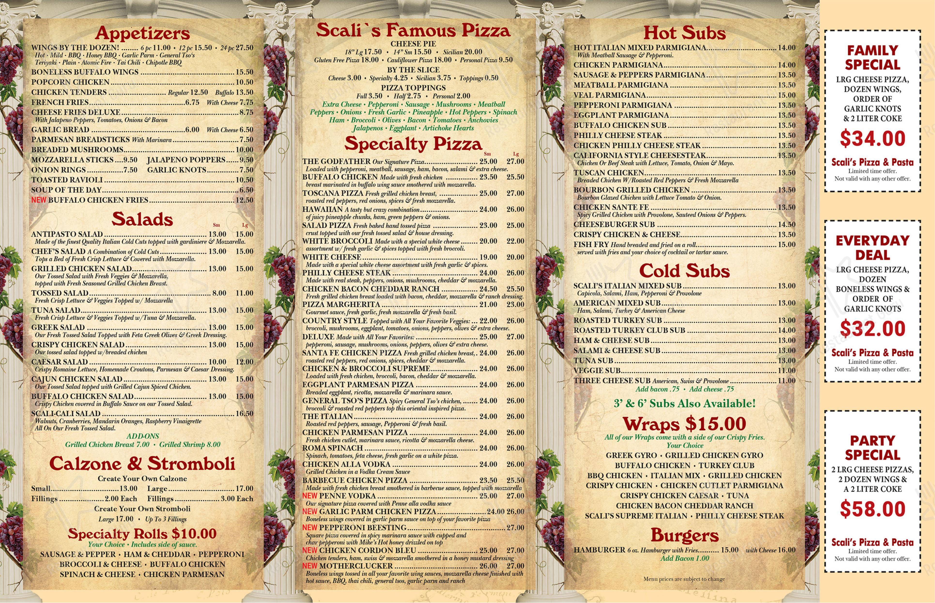 Menu at Scali's Pizza & Pasta pizzeria, Hudson, 974 Columbia St