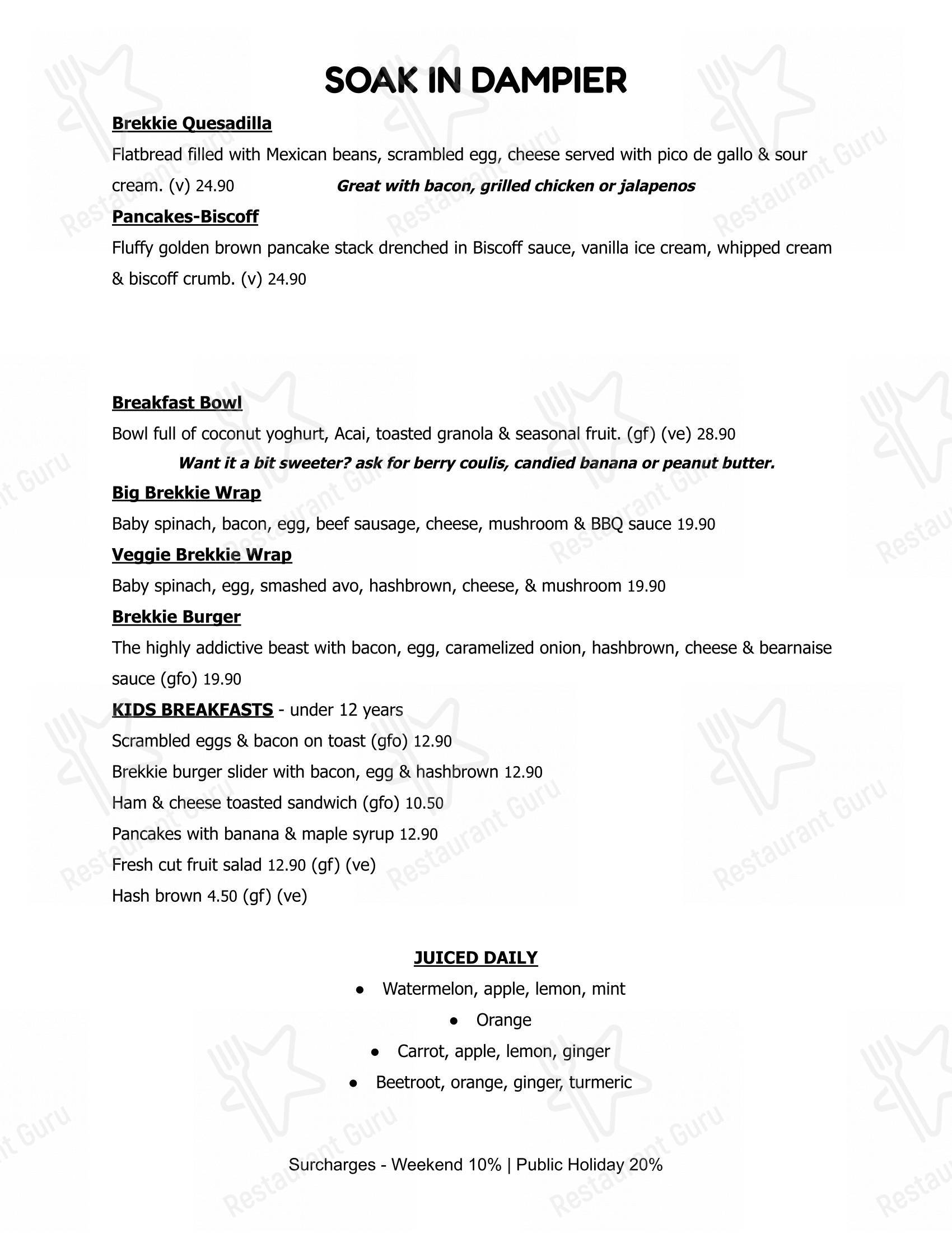 Menu at Soak In Dampier cafe, Dampier