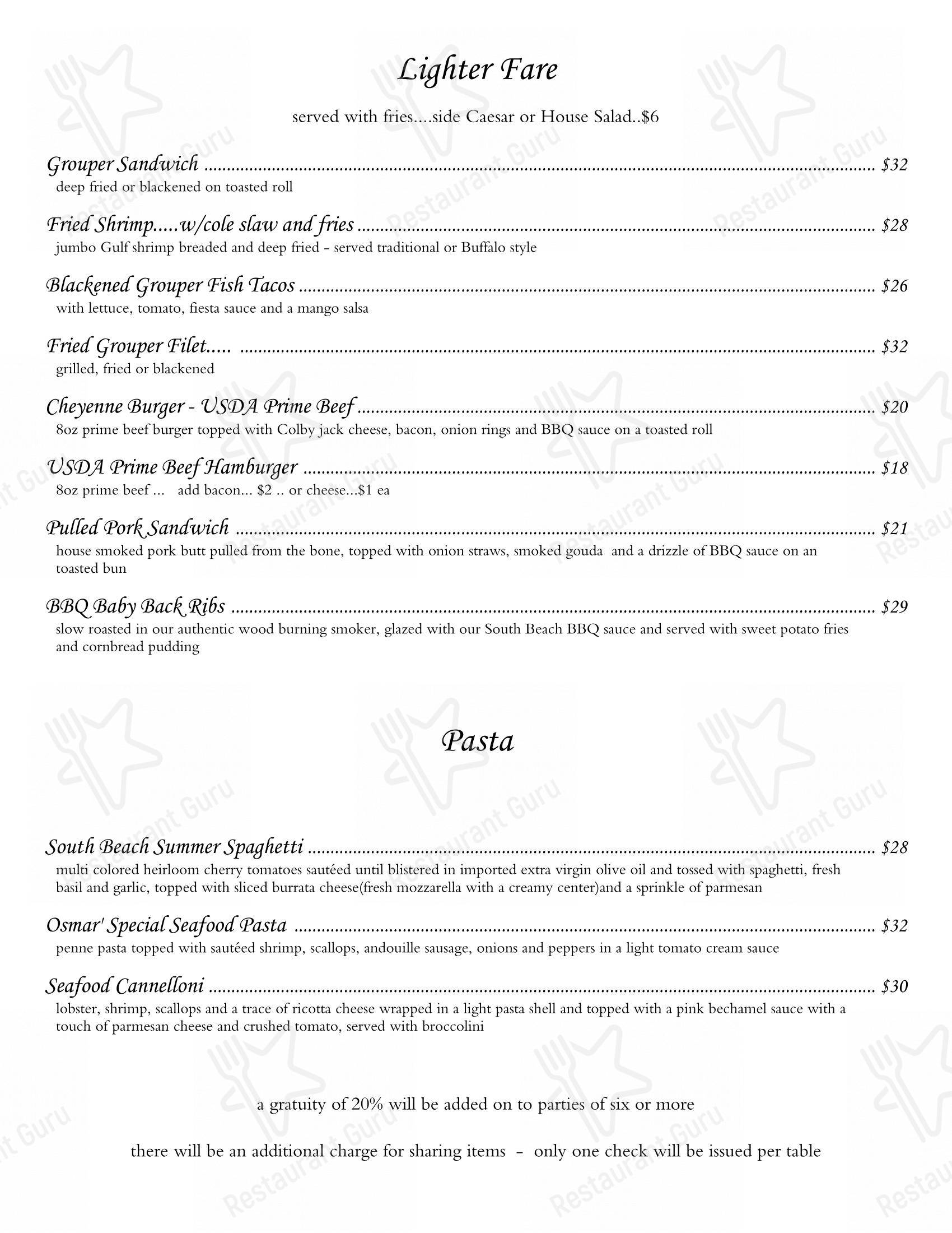 Menu at South Beach Bar & Grille, Boca Grande