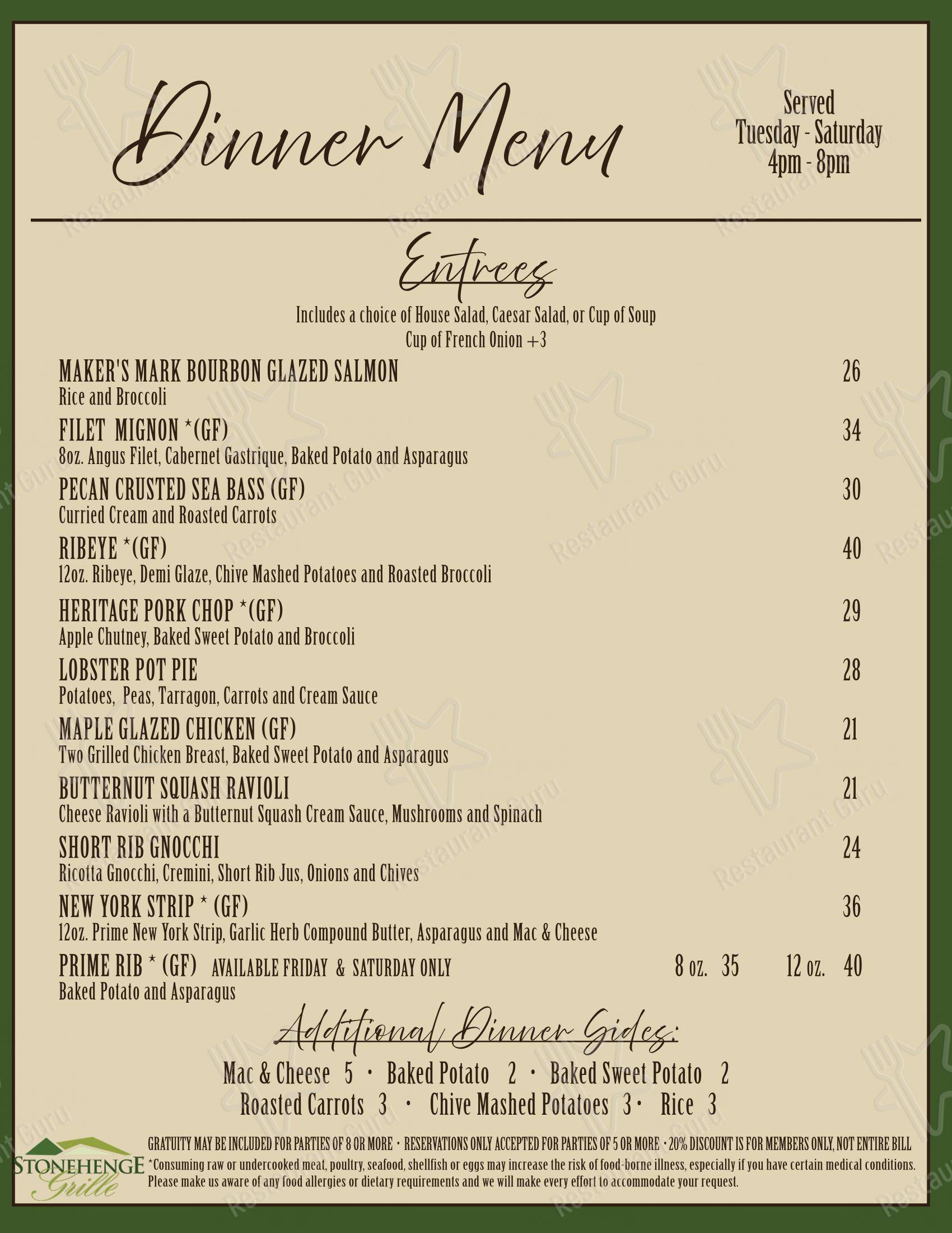 Menu at Stonehenge Grille restaurant, Fairfield Glade, 222 Fairfield Blvd